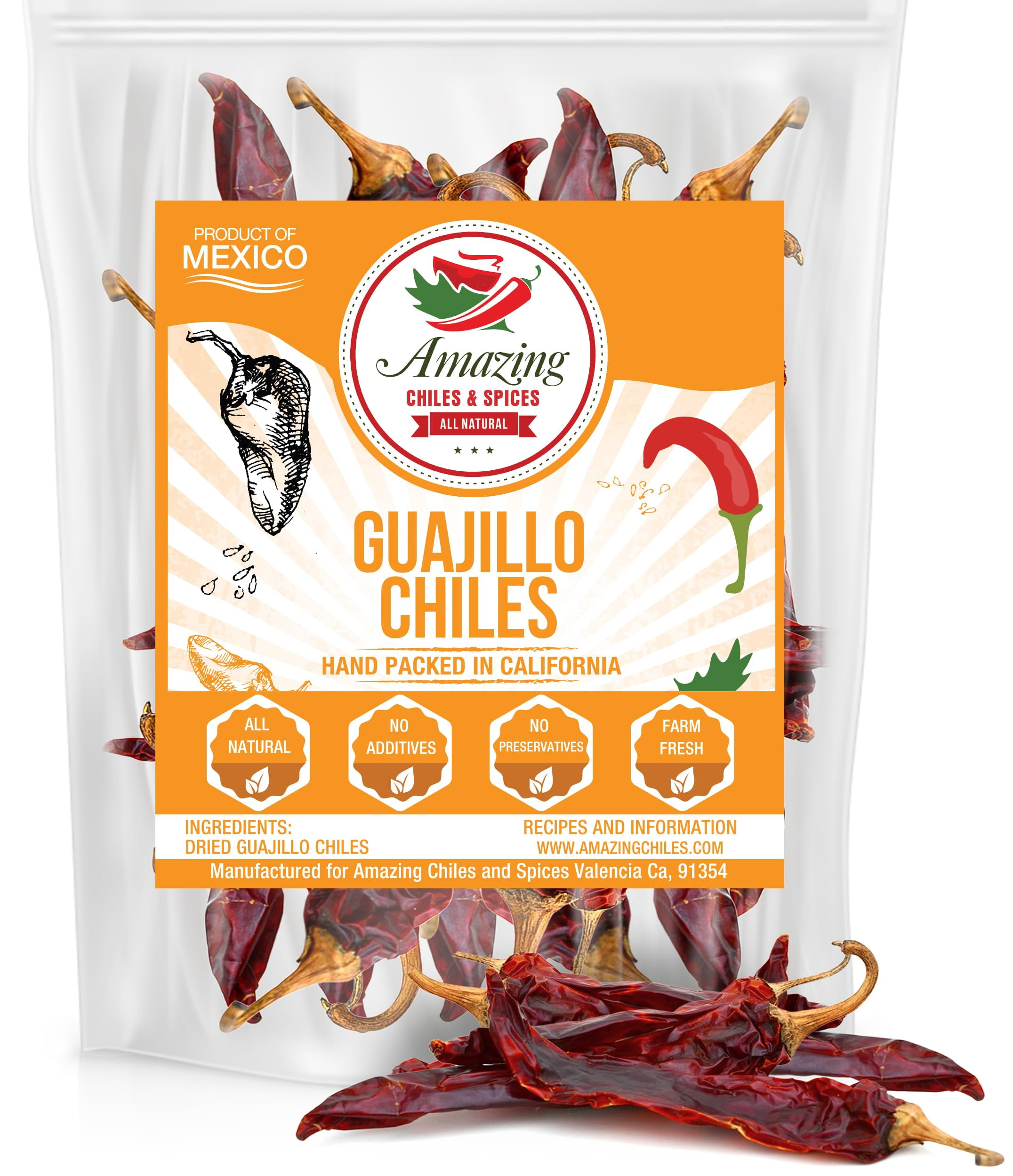 Guajillo Chiles Peppers Dried BCF26 Whole 4 oz - Natural and Premium. Great For Mexican Recipes ...