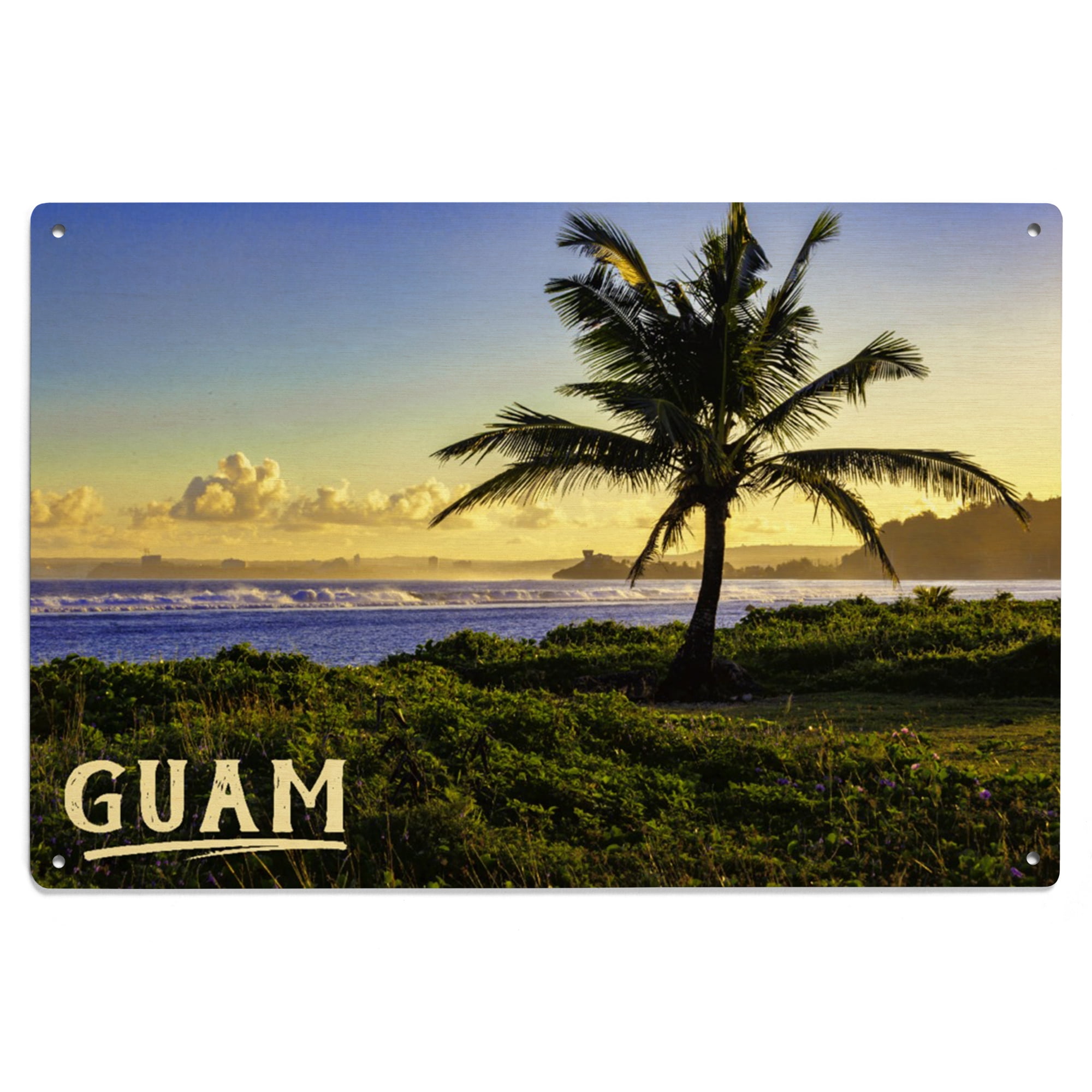 Guam, Palm and Sunset Birch Wood Wall Sign (6x9 Rustic Home Decor ...
