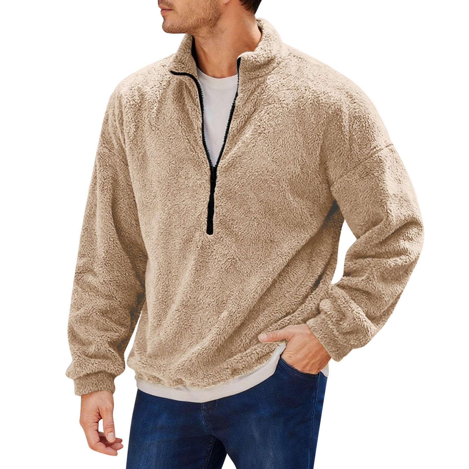 GuangCheng Fuzzy Sherpa Fleece Sweatshirts for Men Quarter Zip Pullover ...