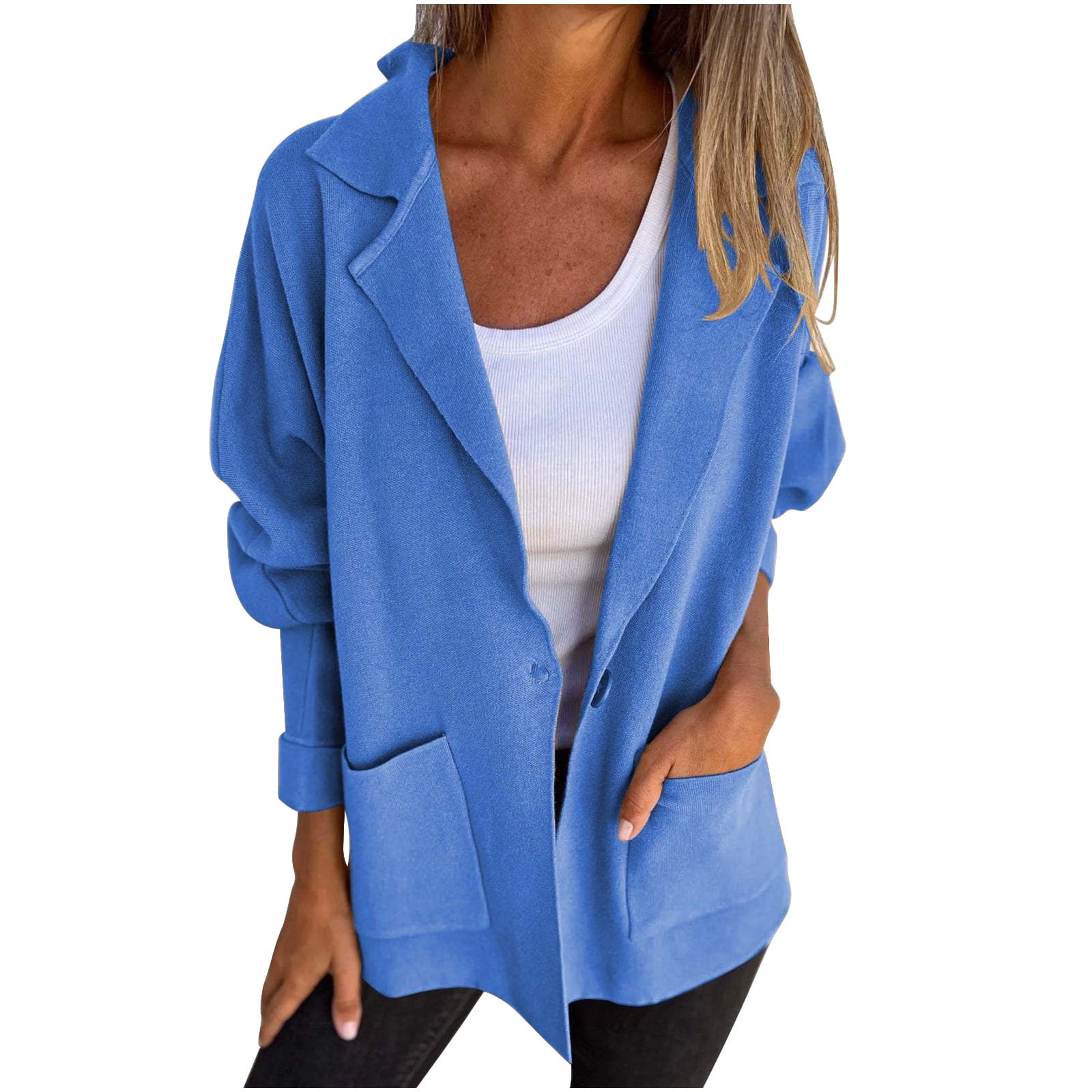 GuangCheng Jackets for Women Casual Solid Color Versatile Lapel Double Pockets Long Sleeve ...
