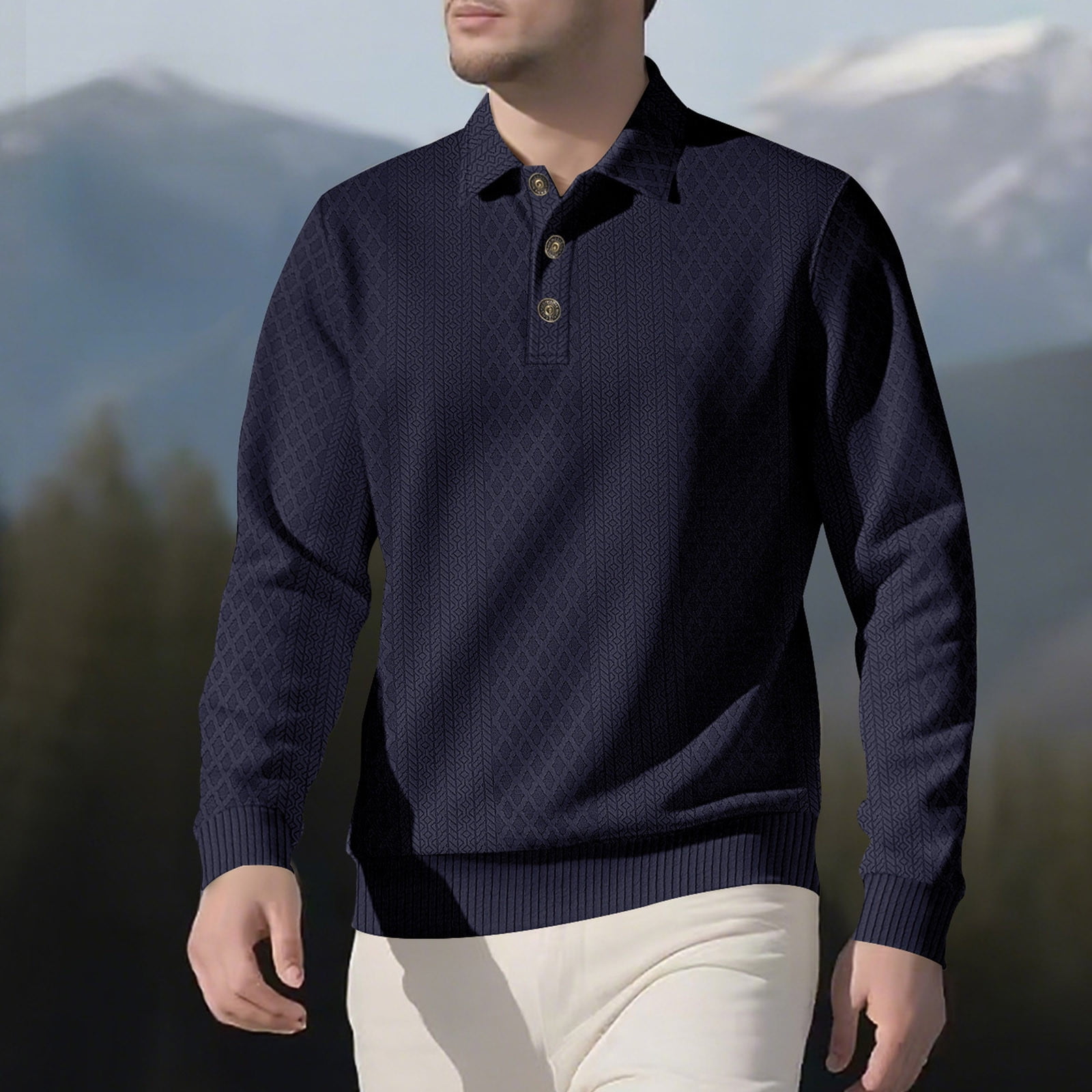 GuangCheng Pullover Polo Shirts for Men Long Sleeve Texture Slim Fit ...