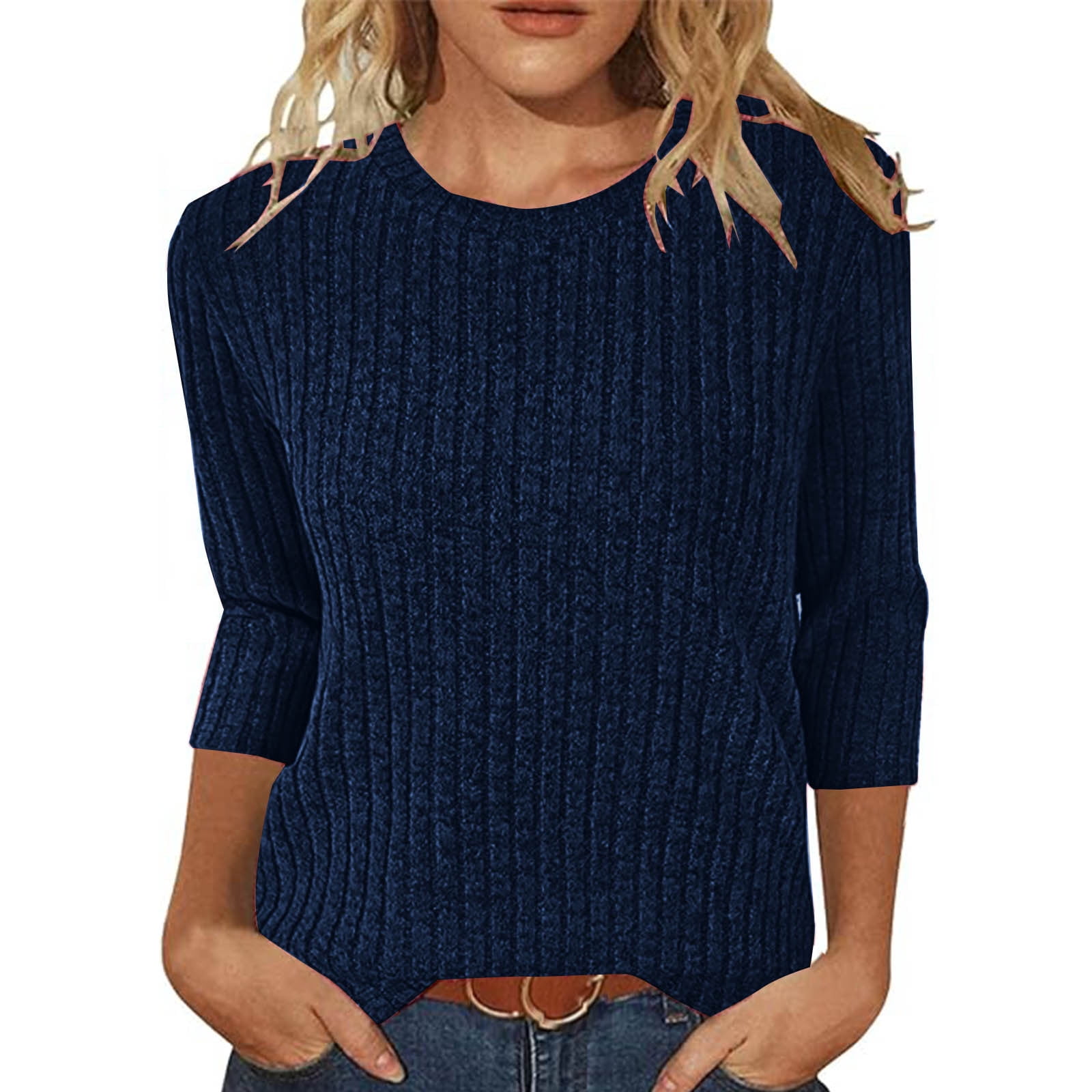 GuangCheng Womens Sweaters 3/4 Length Sleeve Kint Crew Neck Blouses ...