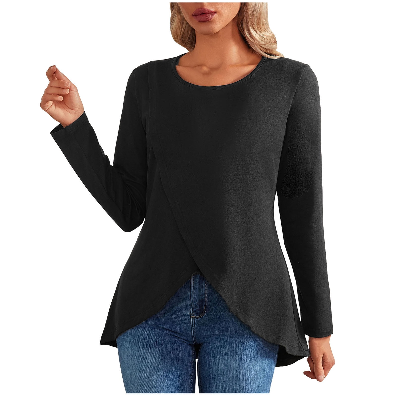 GuangCheng Womens Tunic Tops Front Crossover Split Long Sleeve T Shirts ...