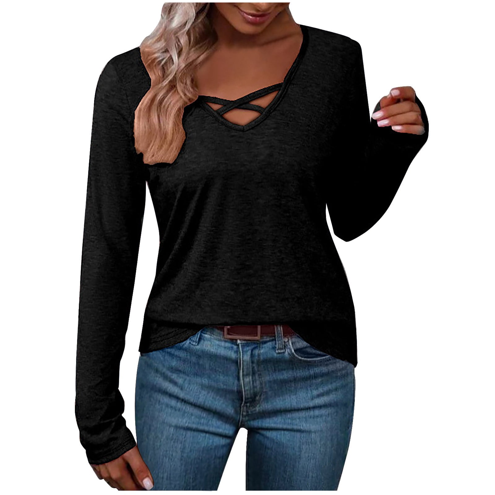 GuangCheng Womens V Neck Criss Cross Tops Long Sleeve T Shirts Dressy ...