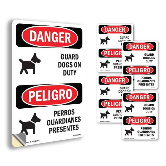 Guard Dogs On Duty Bilingual OSHA Danger Vinyl Decal Label 18 Inch x 12 ...