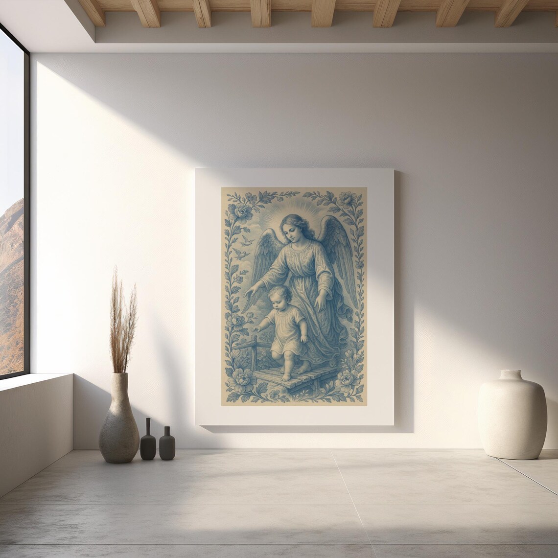 Guardian Angel Poster Art: Blue Chinoiserie Christian Wall Art, Satin ...