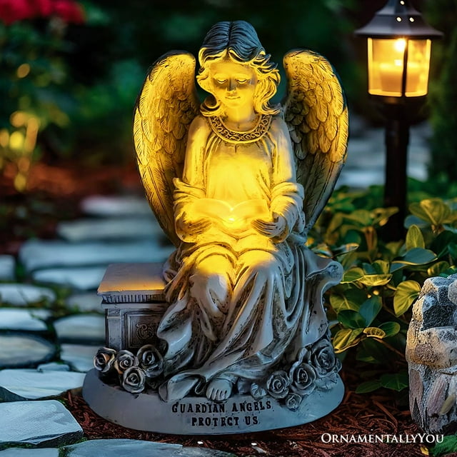 Guardian Angel Reading Book Garden Statue, 10" Solar Powered Angelic ...