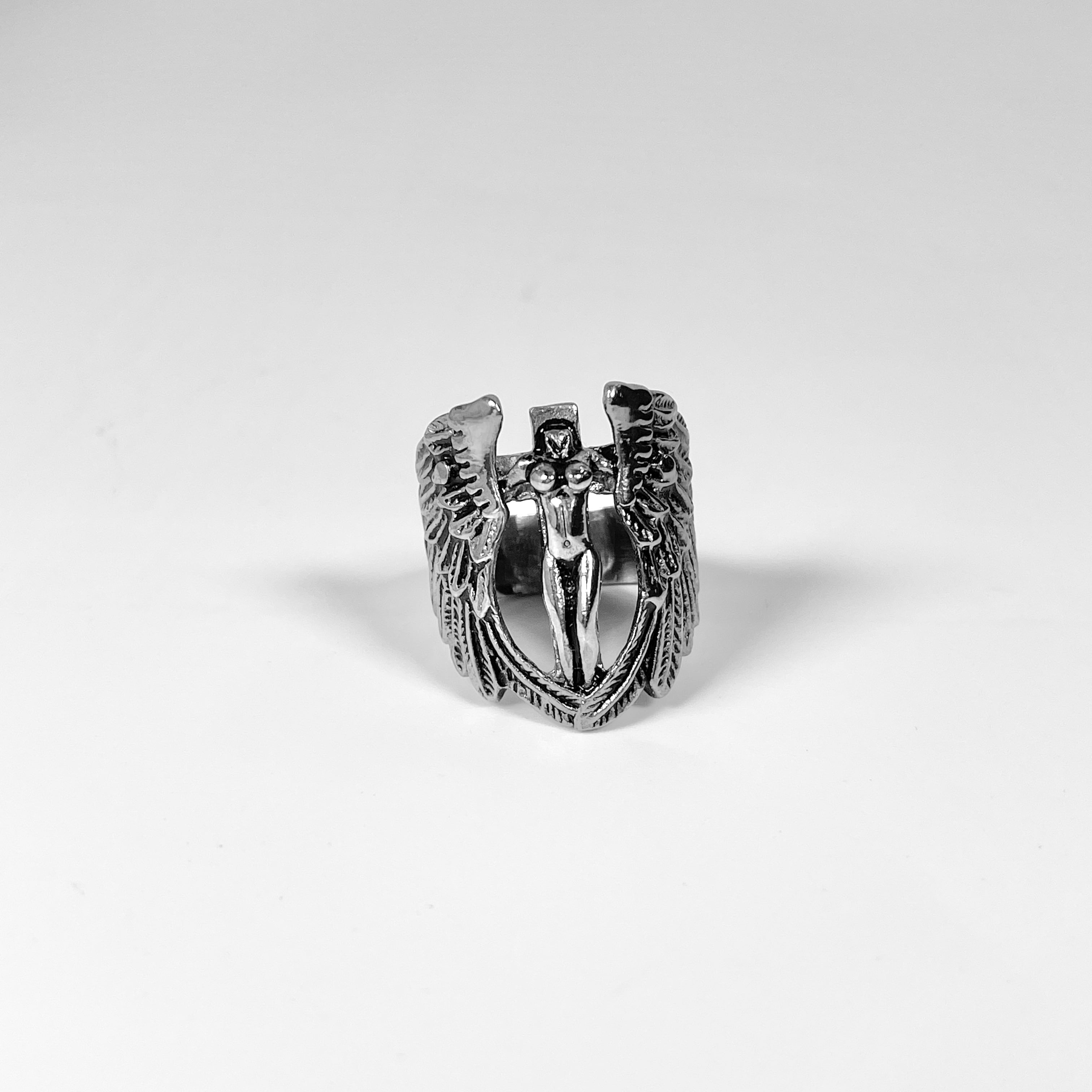 Guardian Angel Warrior Ring- Silver Winged Cross Ring for Men, Gothic ...