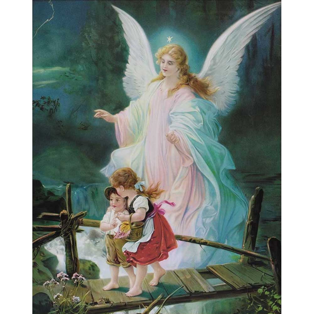 Guardian Angel Watching Over Children Bright Blue 16 x 20 Wood Wall ...