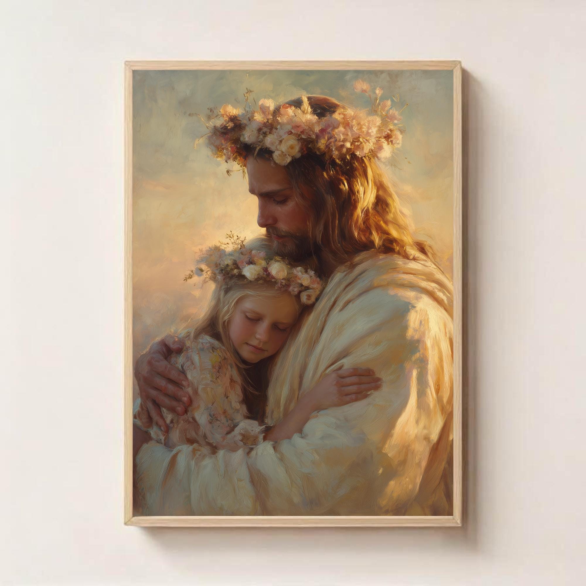 Guardian Embrace – Jesus With Child In Flower Crowns, Christian Wall ...