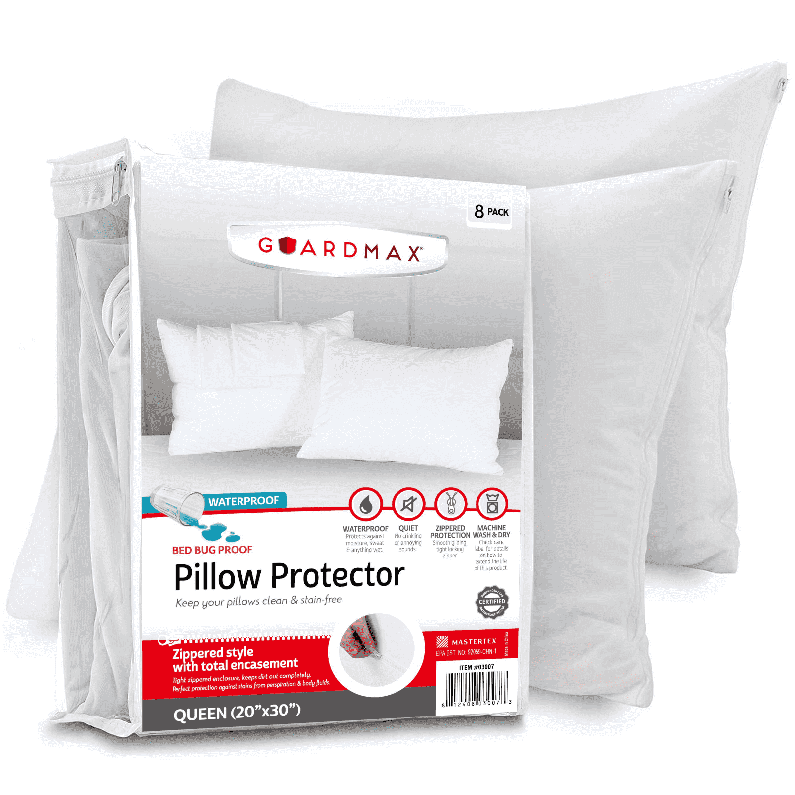 Guardmax Queen Size Pillow Protector Encasement (8 Pack) - Waterproof ...