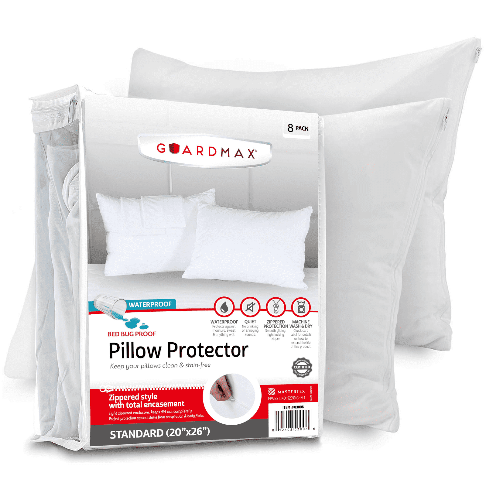 Guardmax Standard Pillow Protector Zipper Pack (8)-Allergy Protection ...