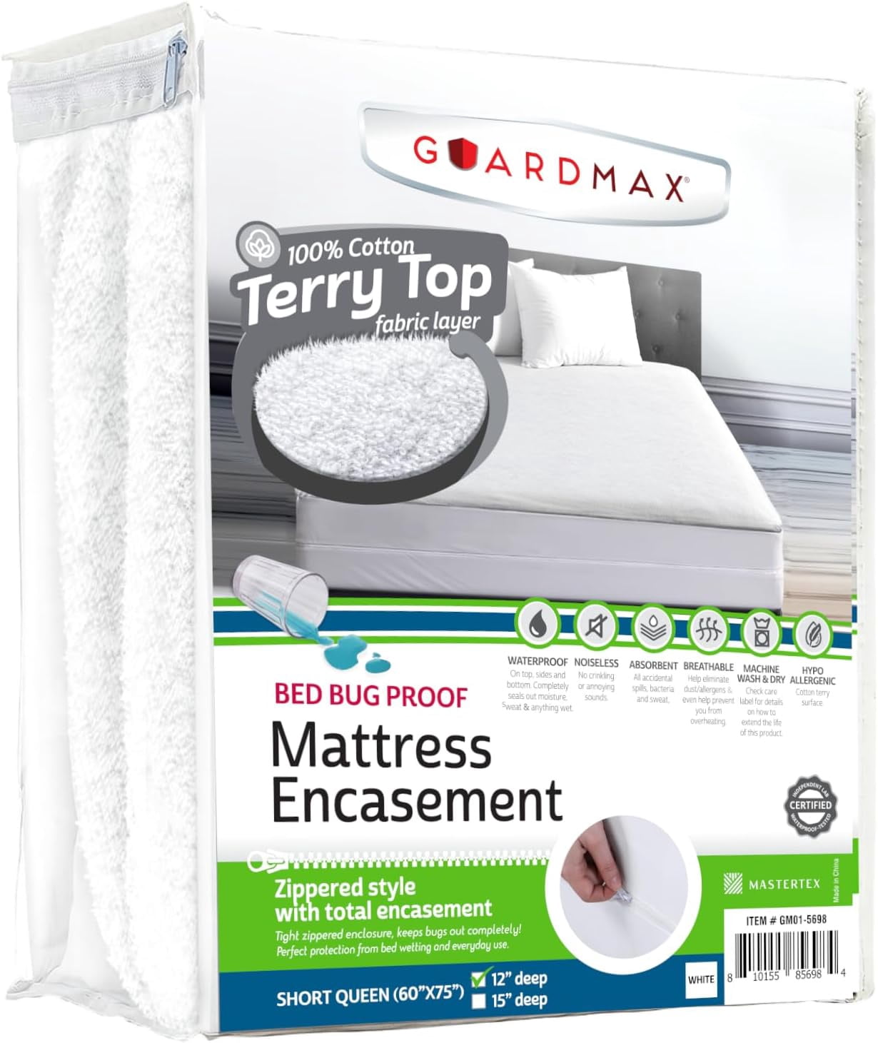 Guardmax Terry Cotton Zippered Mattress Encasement - Short Queen Size ...