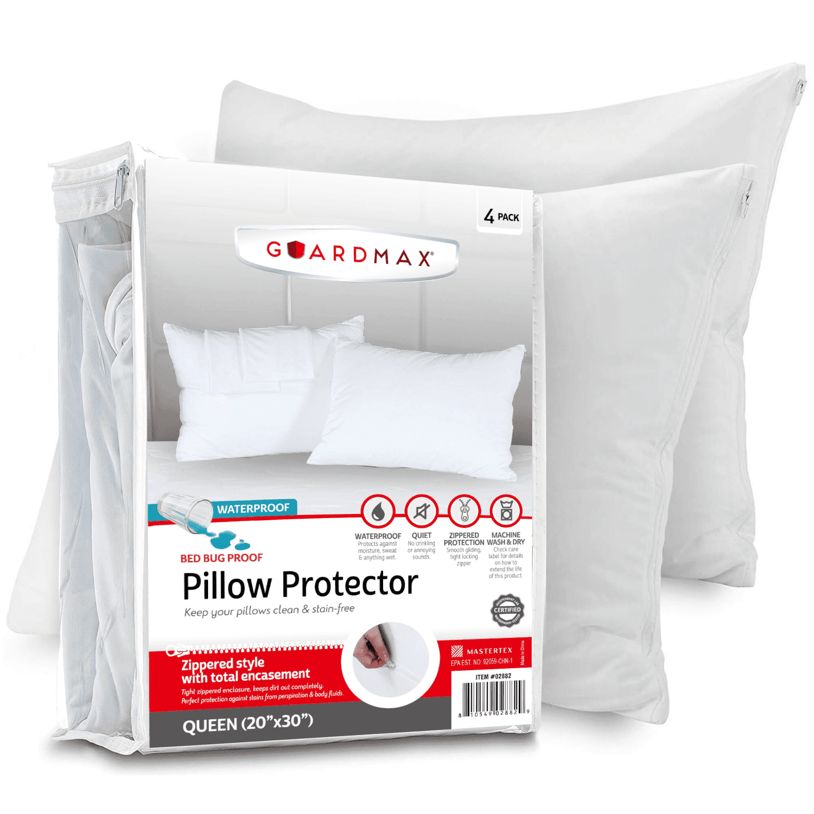 Guardmax Pillow Protector, Queen Size, Zipper, 4 Pack - Waterproof, Bed ...