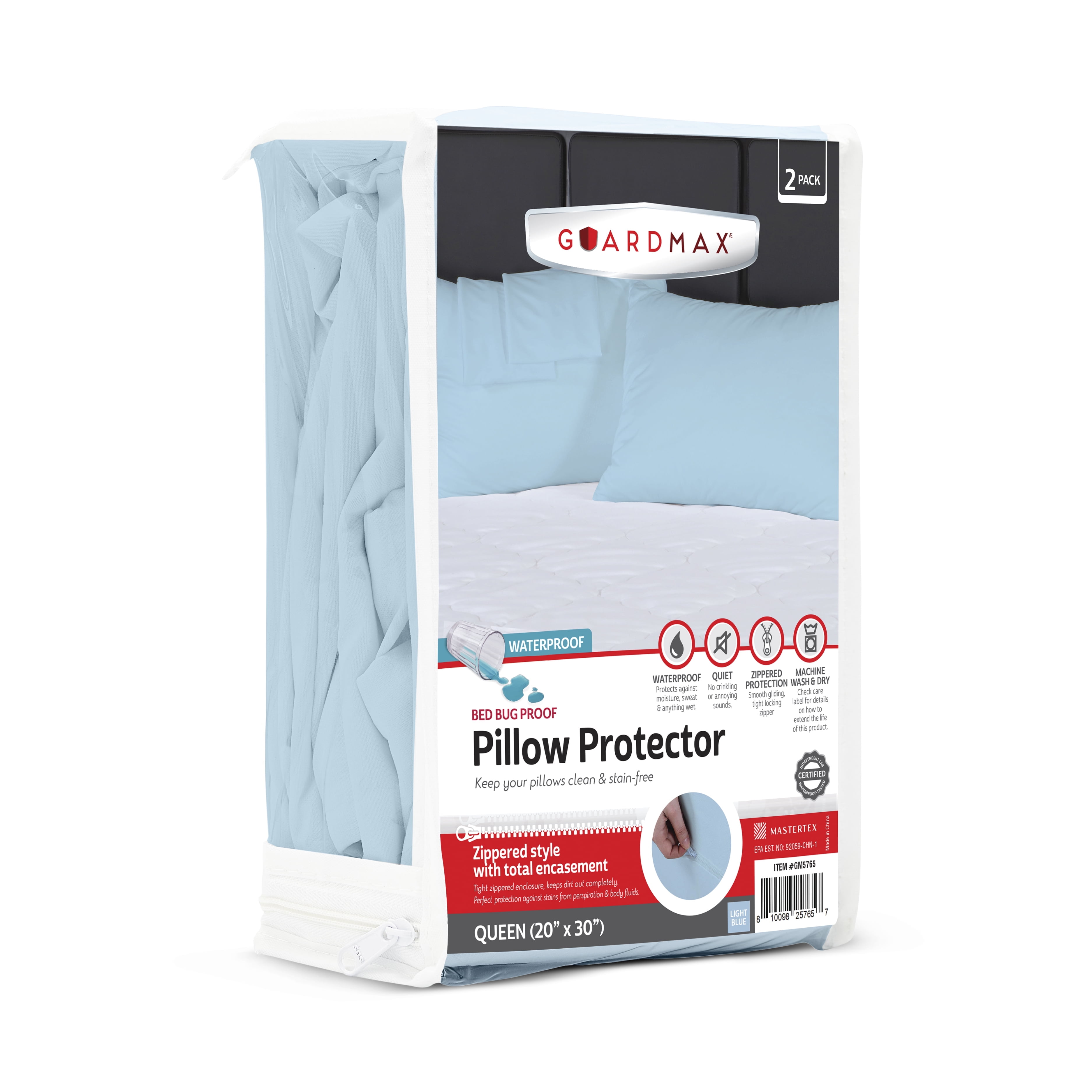 Guardmax Waterproof Pillow Protector Blue Queen Size - Zippered Bed Bug ...