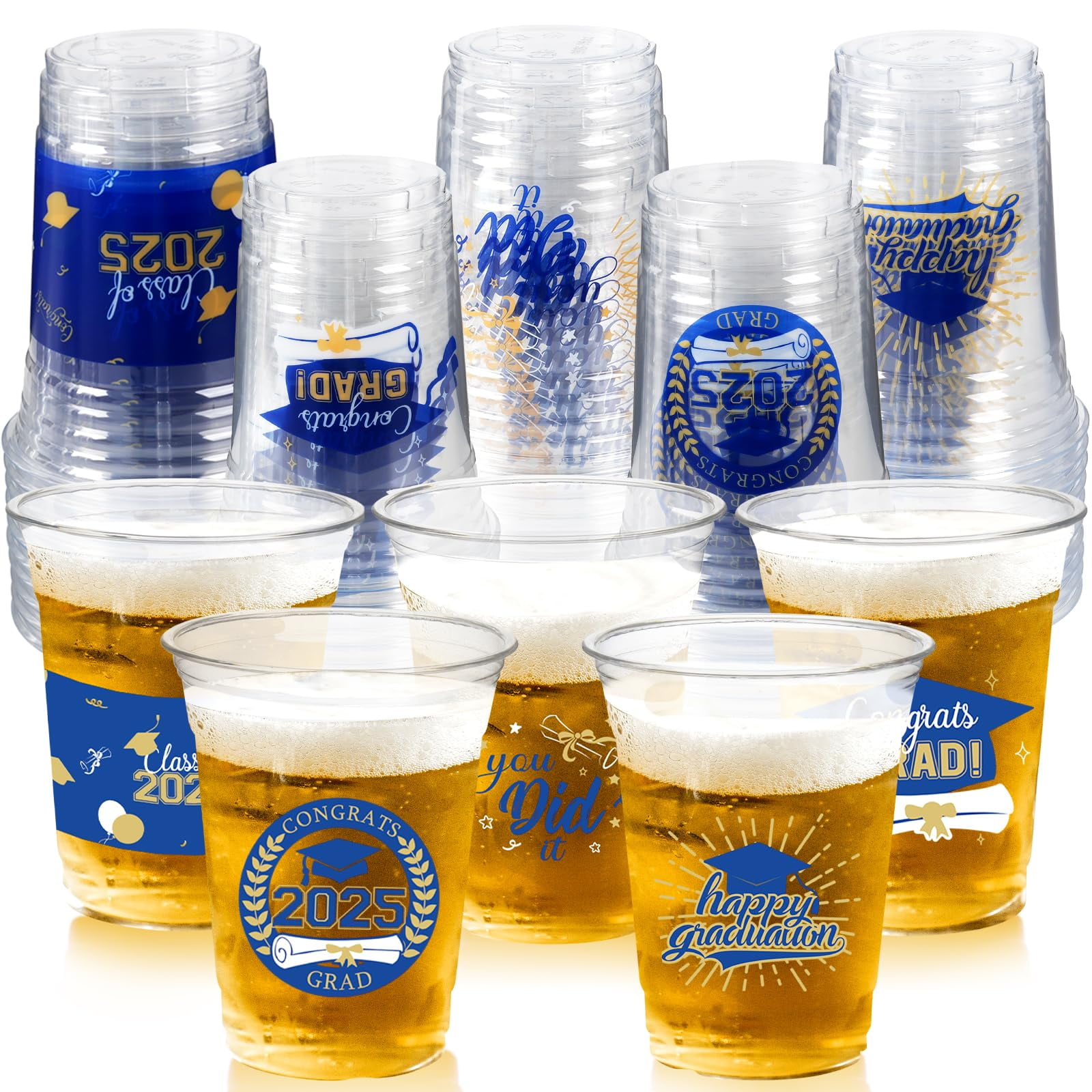GuassLee 2025 Graduation plastic cups, 16OZ blue and gold disposable ...