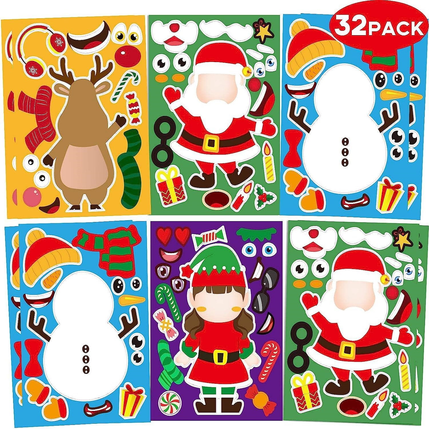 GuassLee 32 Sheets Christmas Party Games Stickers for Kids Make Your ...