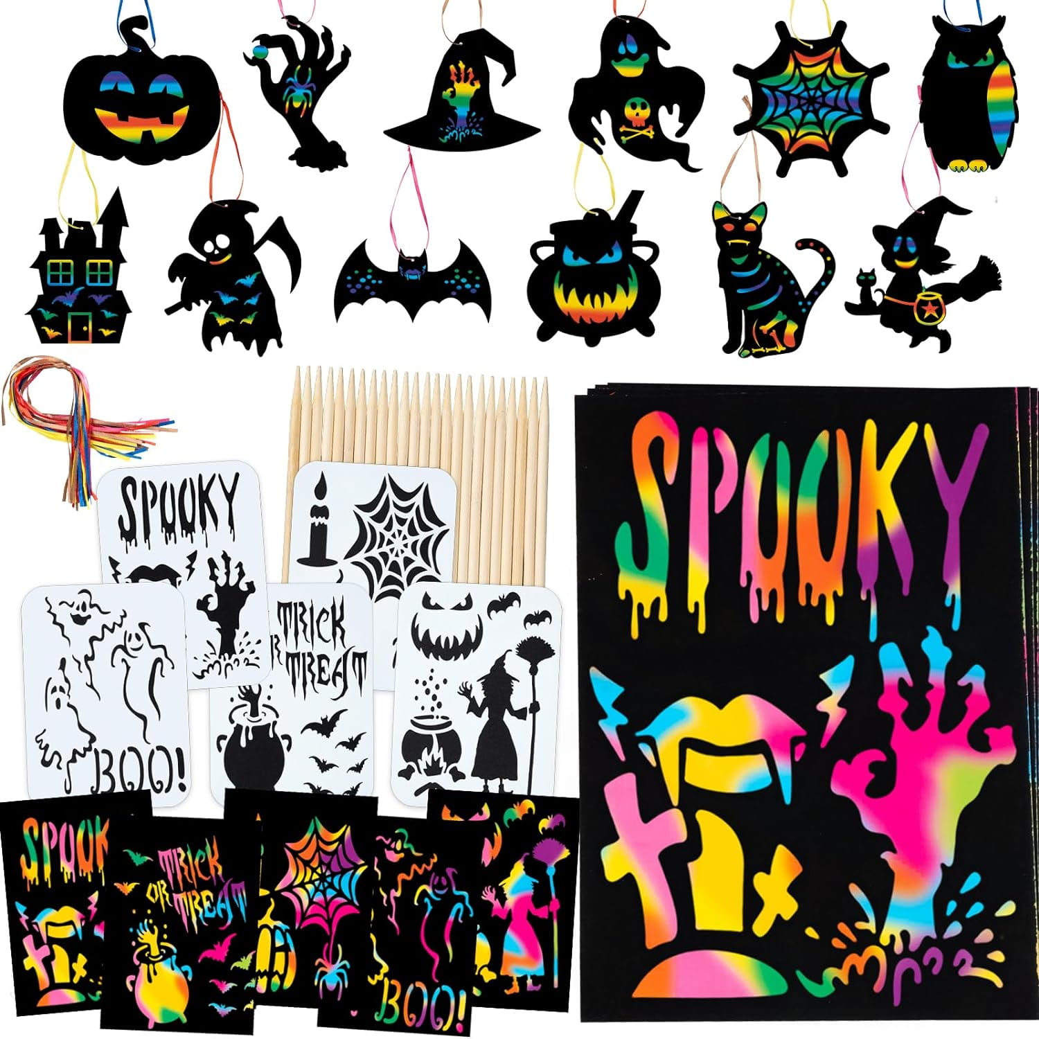 GuassLee 77pcs Halloween Scratch Art for Kids - Rainbow Scratch Paper ...