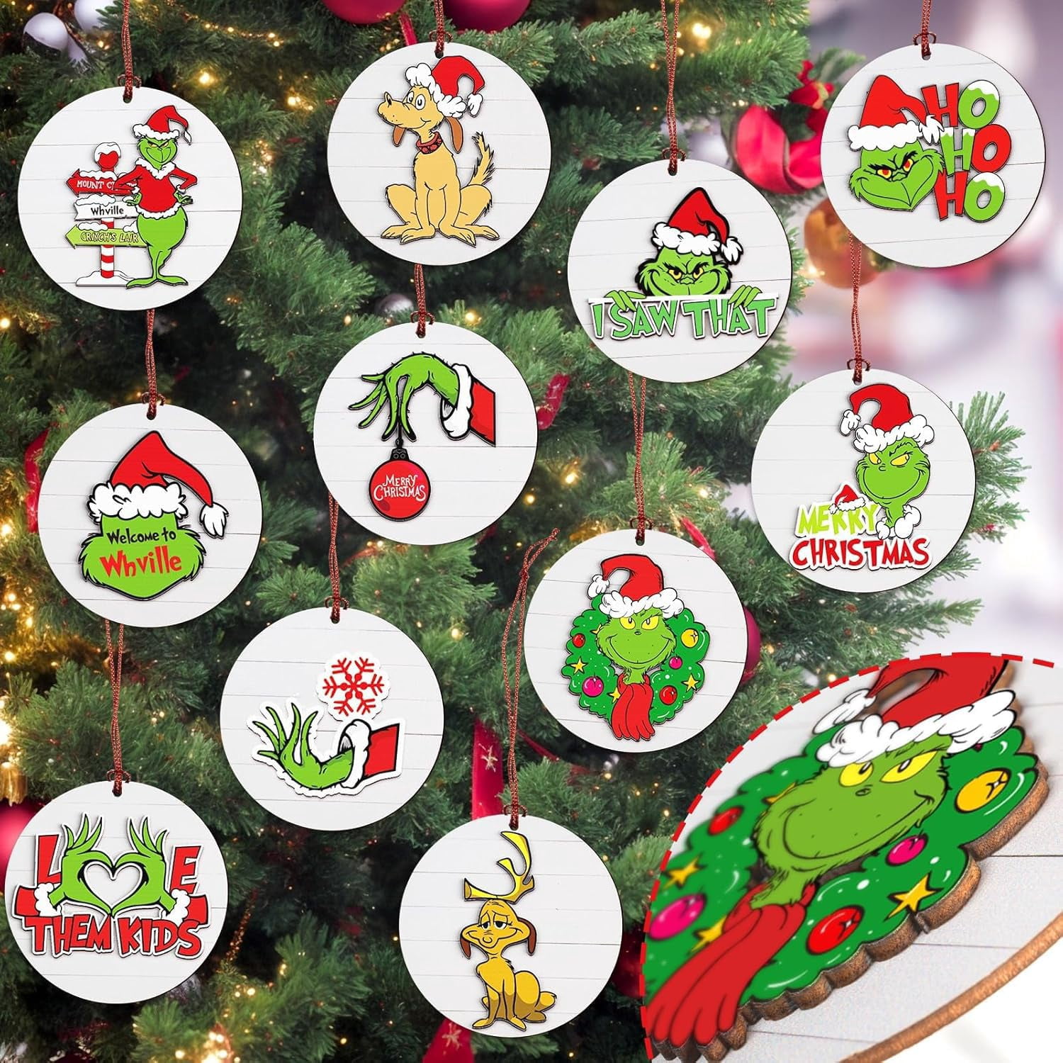GuassLee Christmas Ornaments Tree Decorations Set - 12pcs Green Wooden ...