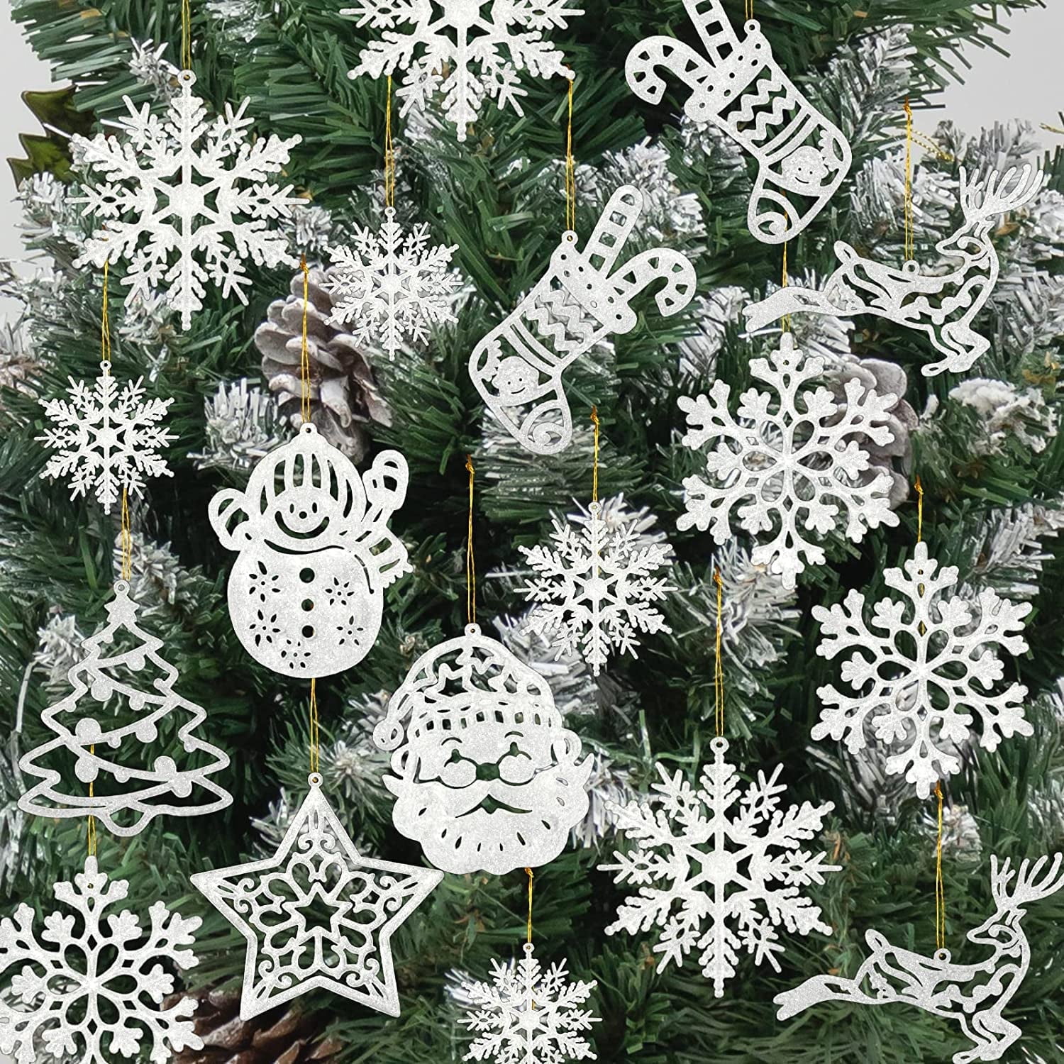 Christmas Tree Decoration Snowflake Ornaments - 42pcs White Glitter ...