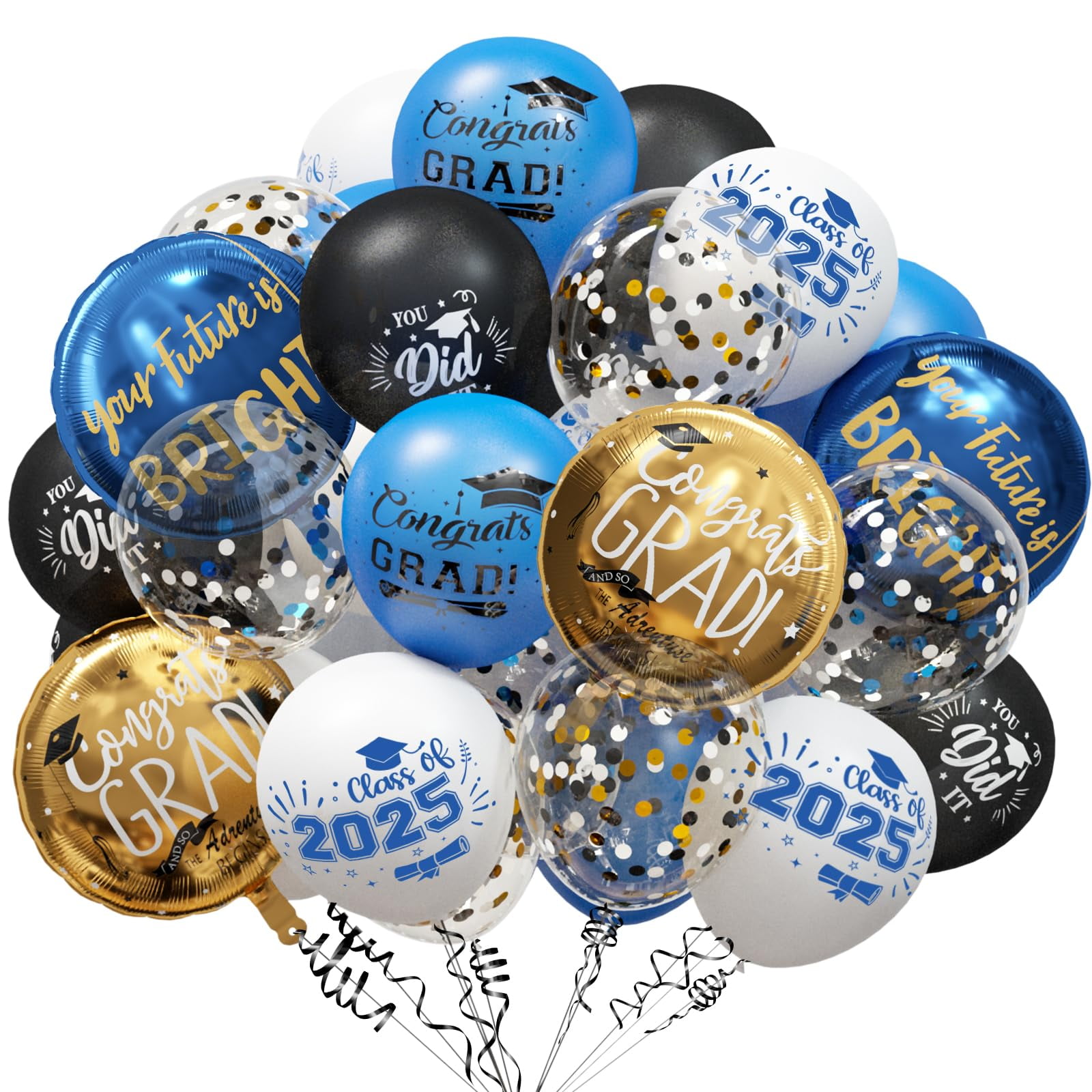 GuassLee Graduation Blue and Gold Balloons 2025 - Grad Latex Confetti ...