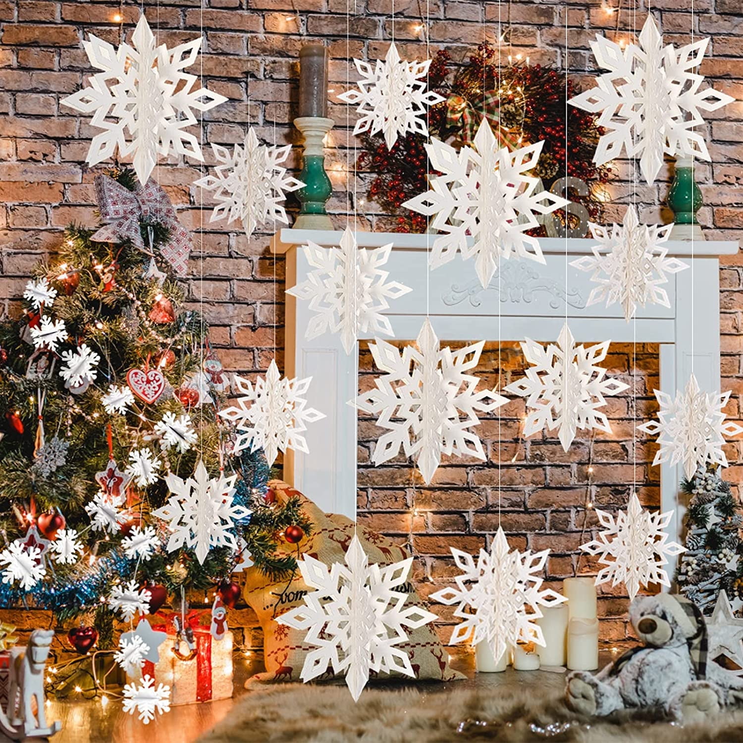 GuassLee 12PCS 3D Glittery Large White Snowflake & Snowflakes Garland ...