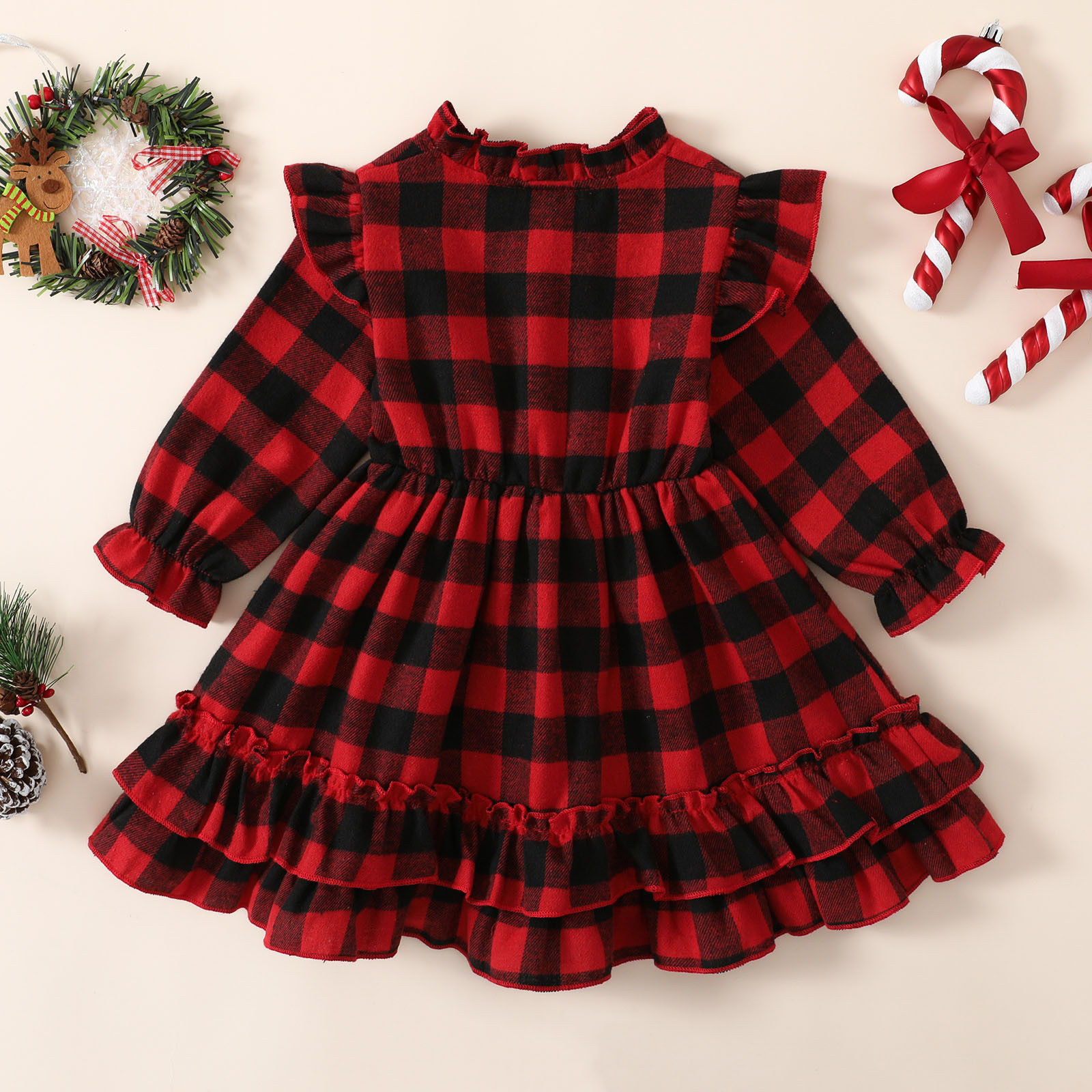 Gubotare Dresses for Girls Kids Winter Long Sleeved Black Red Plaid ...