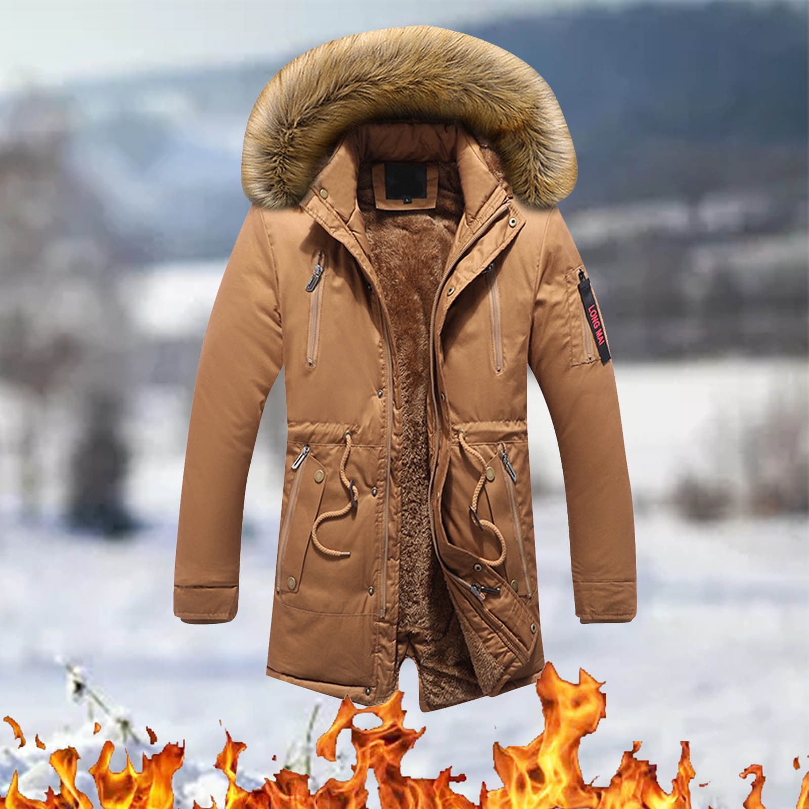 Gubotare Mens Winter Coat Color Collar Mens Long Plush Jacket Solid