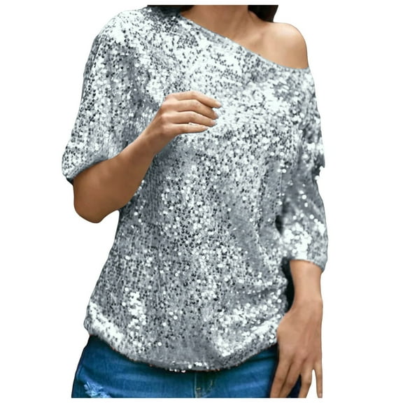 Chaoheng Sequin Tops for Women Women's Sheer Mesh Sequin Top Silver ...
