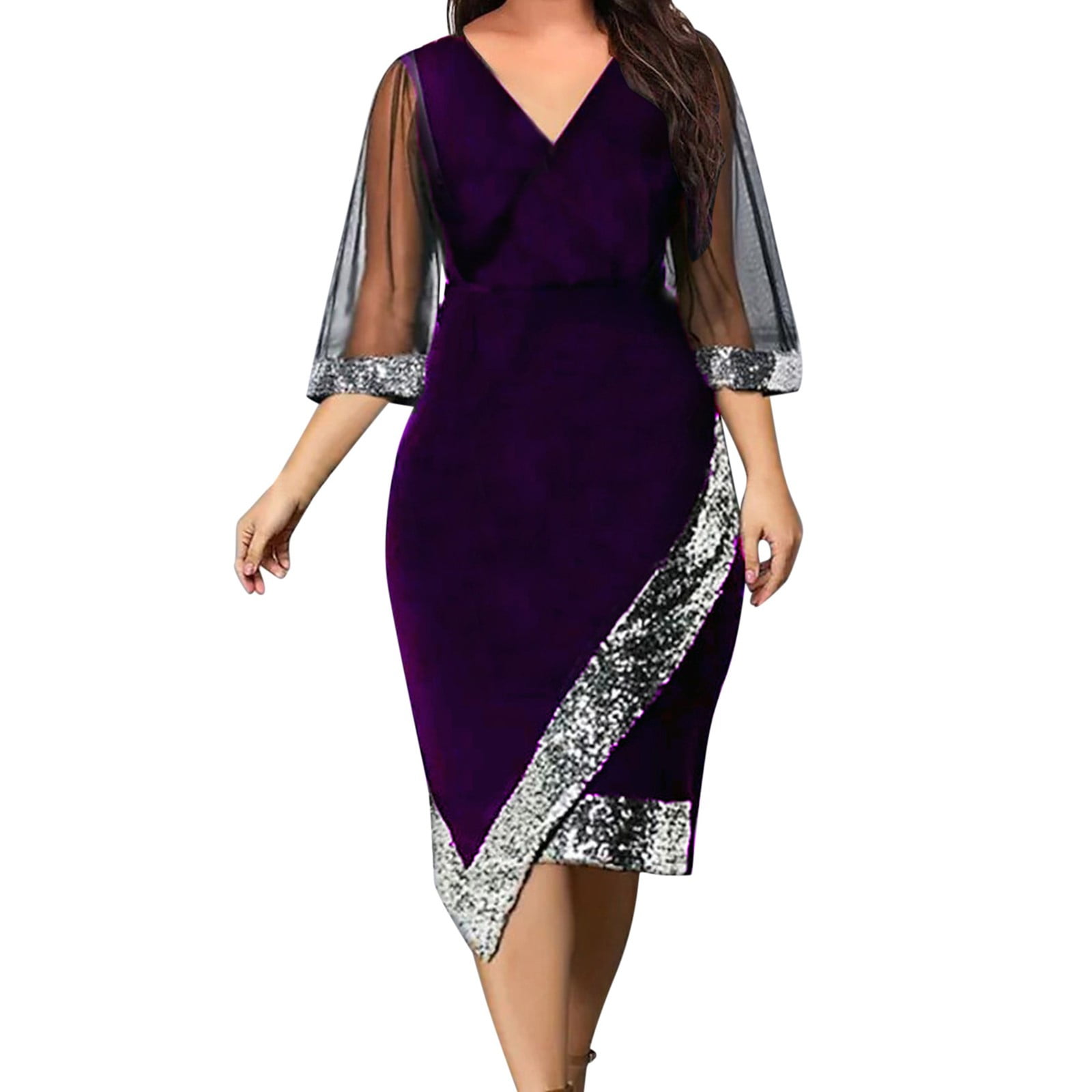 Gubotare Plus Size Womens Half Sleeve V Neck Sparkle Ball Gown Evening ...