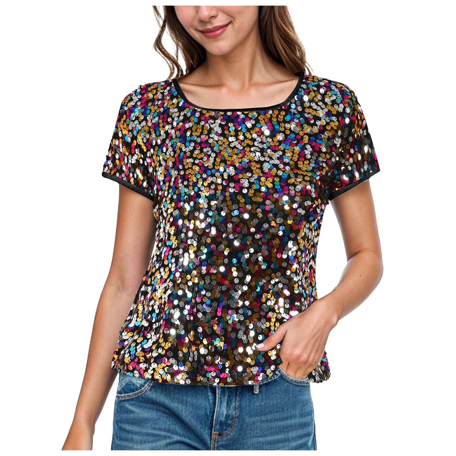 Gubotare Womens Sequin Top Women's Sparkly Sequin Tops Short Sleeve ...