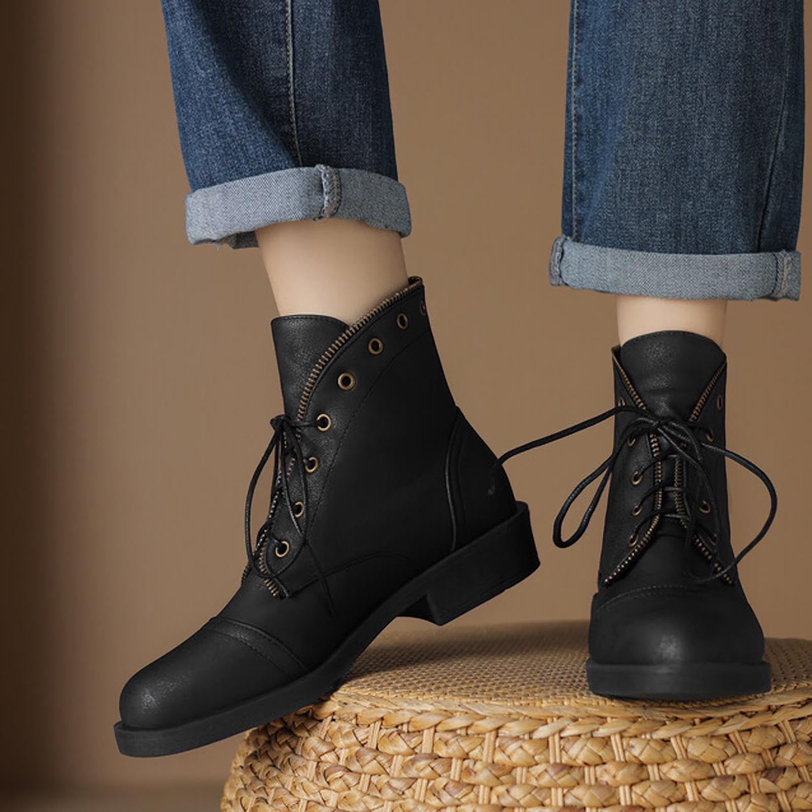 Gubotare Work Boots for Women Womens Pointed Toe Stacked Mid Heel Lug ...
