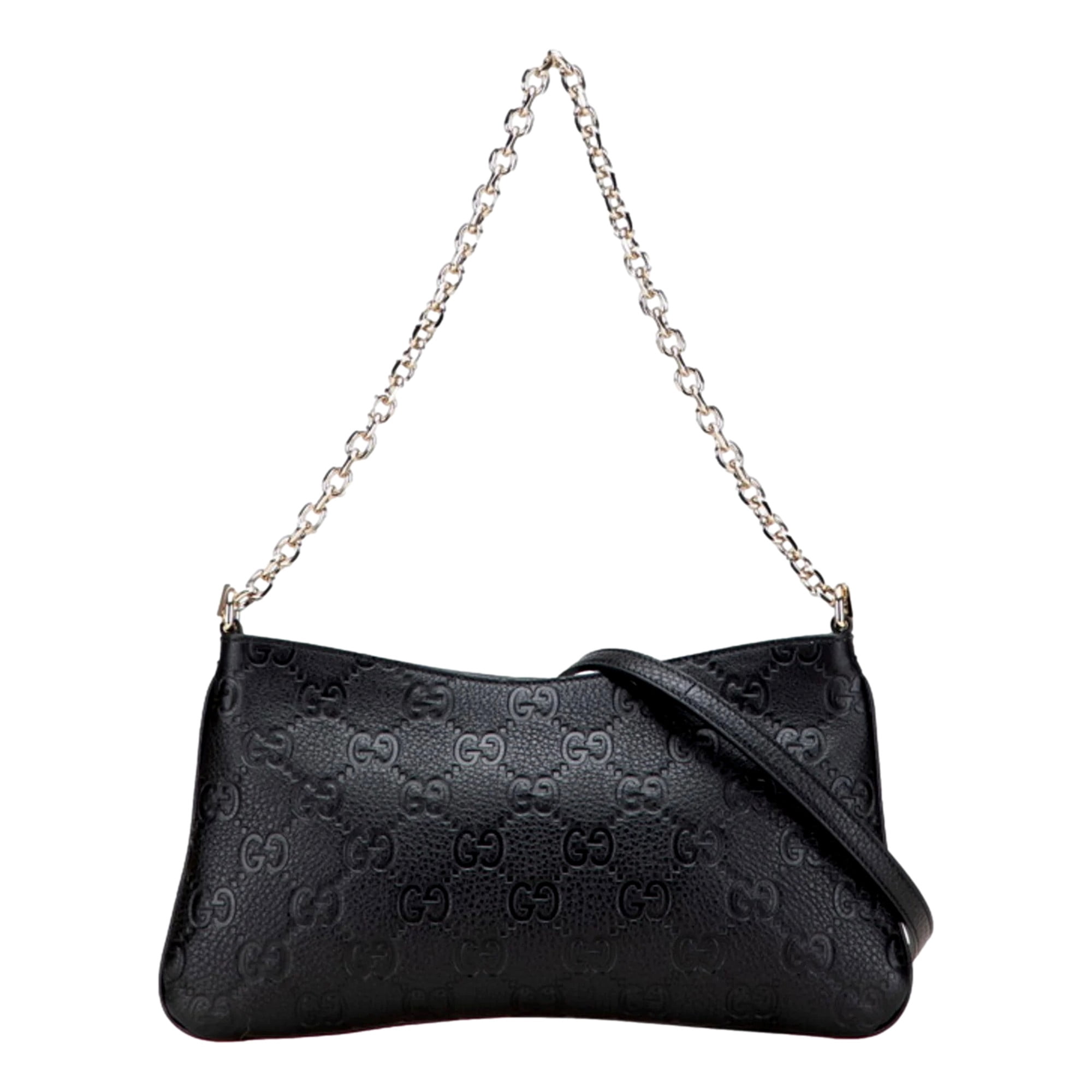 Gucci GG Emblem Black Embossed Leather Shoulder Bag Chain and Leather ...