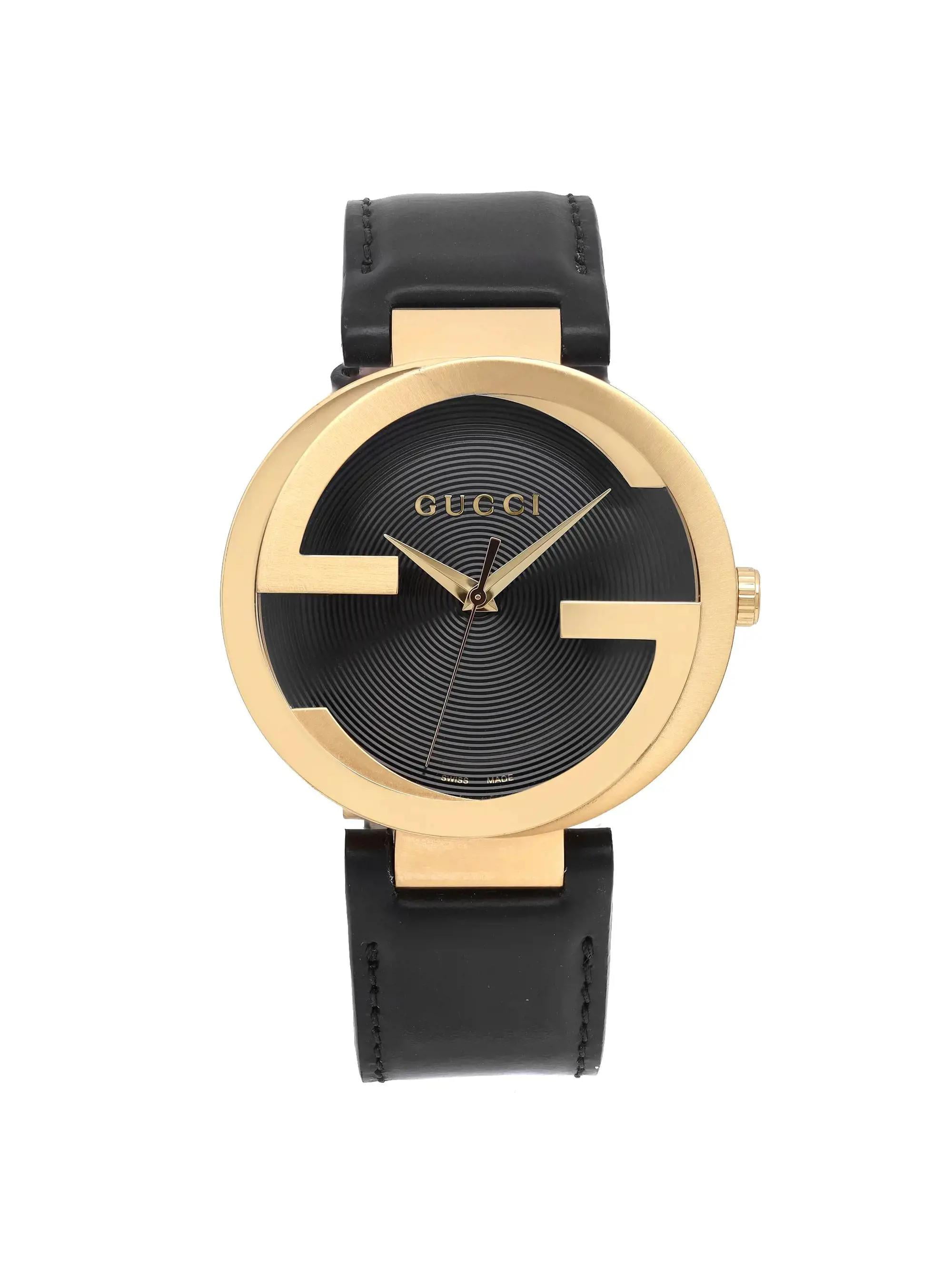Gucci Interlocking 42mm Gold Bezel Black Dial Quartz Mens Watch ...
