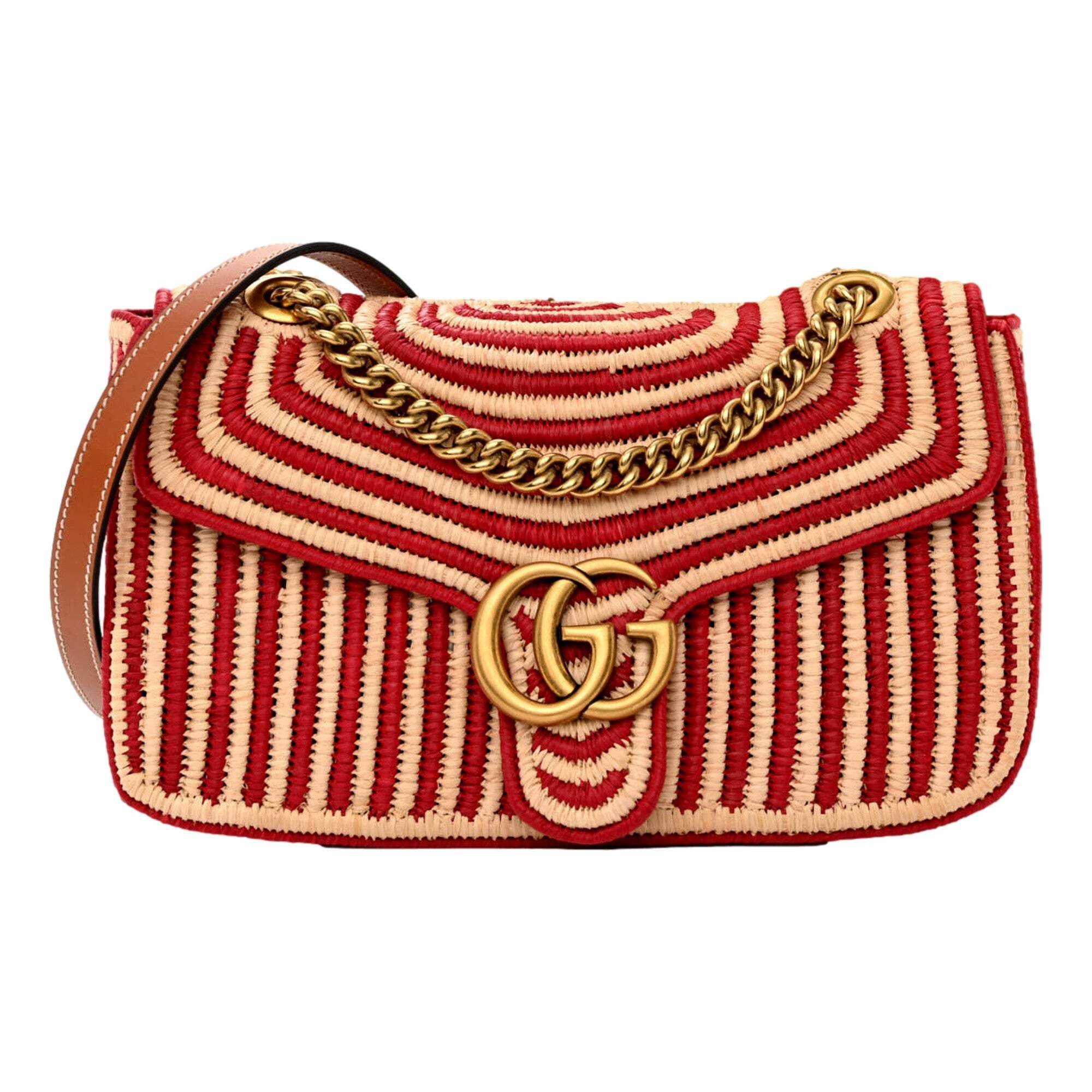 Gucci Marmont Raffia Woven Small GG Shoulder Bag Natural Hibiscus Red ...
