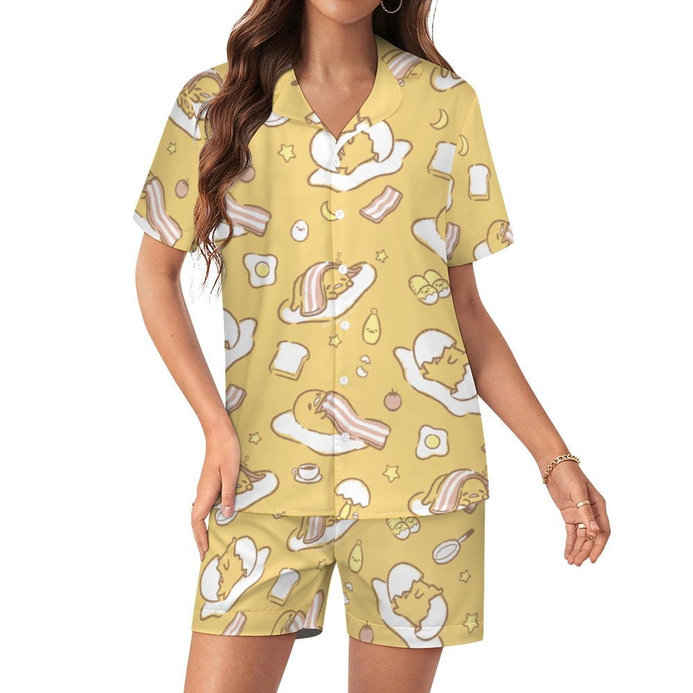 Gudetama Women Pajamas Set Short Sleeve Sleepwear Button Down Nightwear ...
