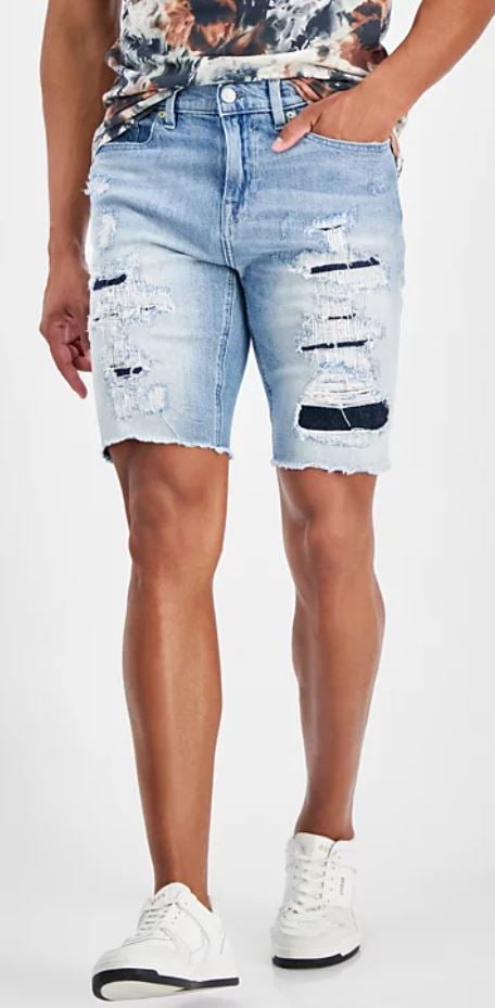 Guess ALCHEMY BLUE Men's Logan Slim-Fit Destroyed Denim Shorts, US ...