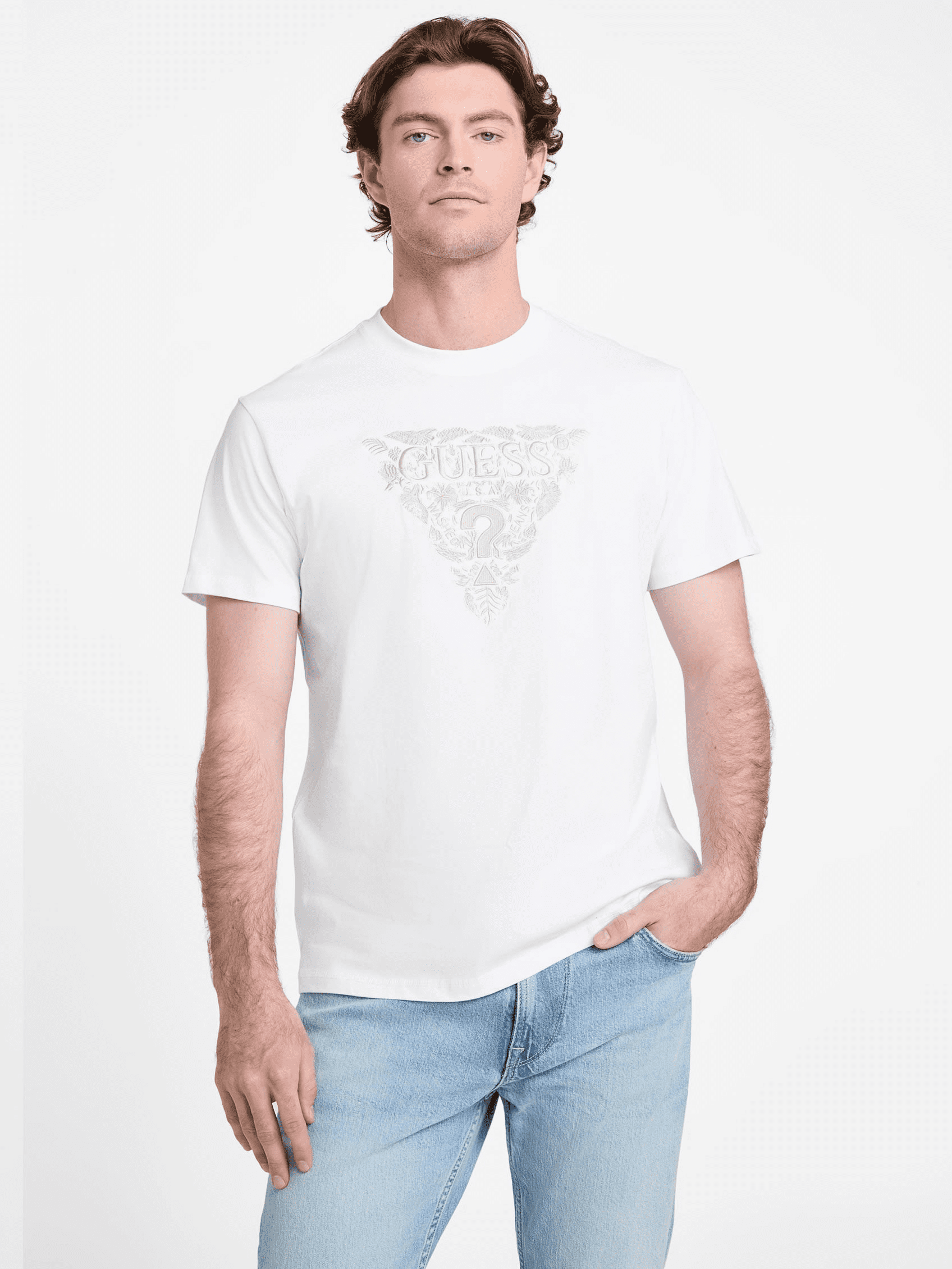 Guess PURE WHITE Men's Embroidered Floral Logo Graphic T-Shirt, US ...