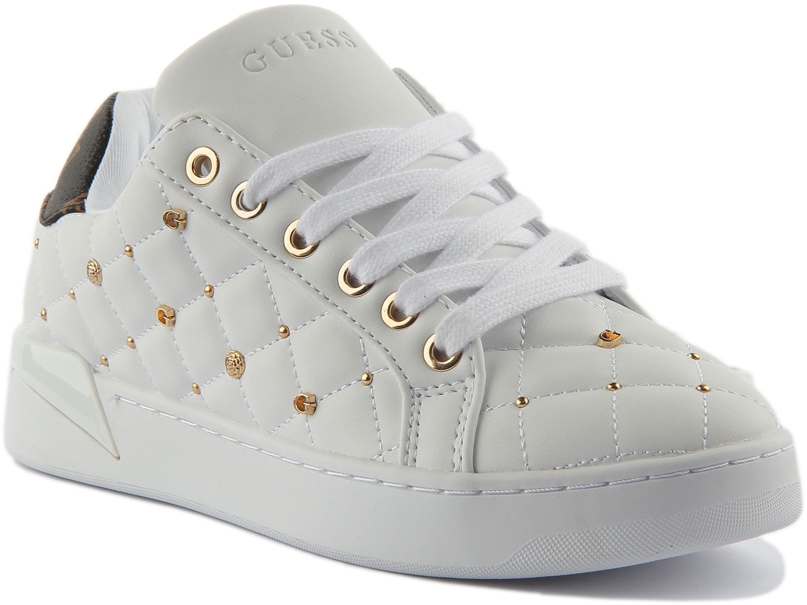 Guess Reea Women's Low Top Lace Up Quilted Synthetic Trainers In White ...
