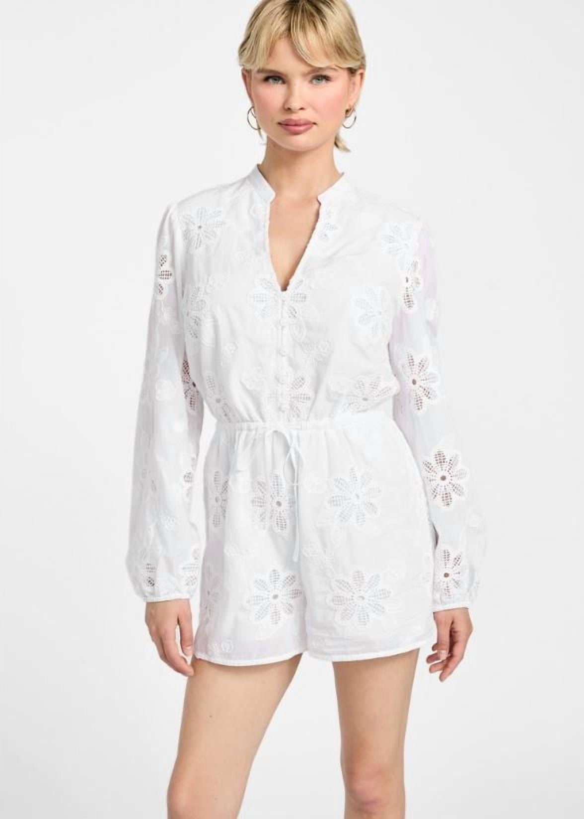 Guess Women's White Hazel Embroidered Long-Sleeve Romper, Small ...