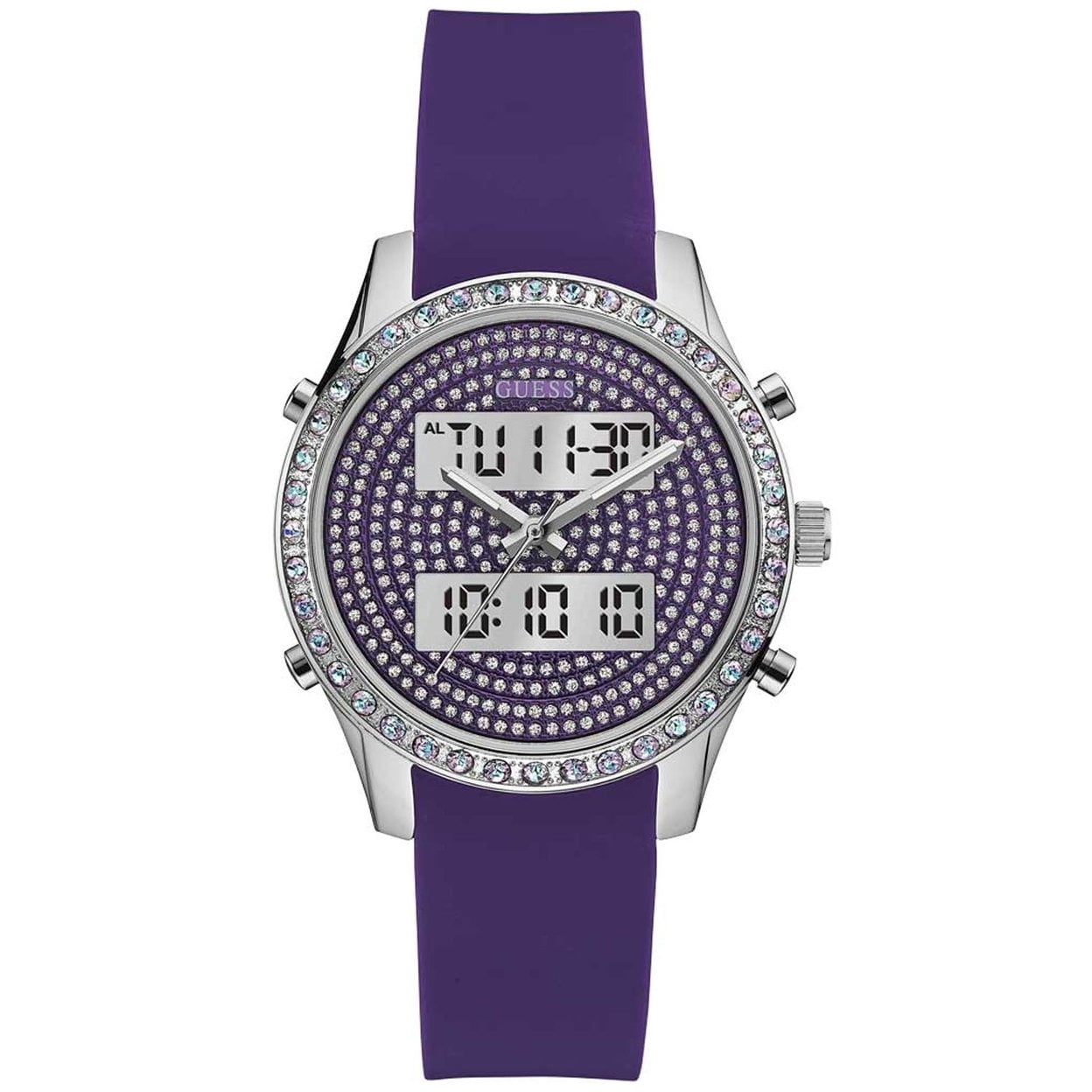 Guess Womens Purple Dial Digital Watch W0818L1 Stainless Steel Rubber ...