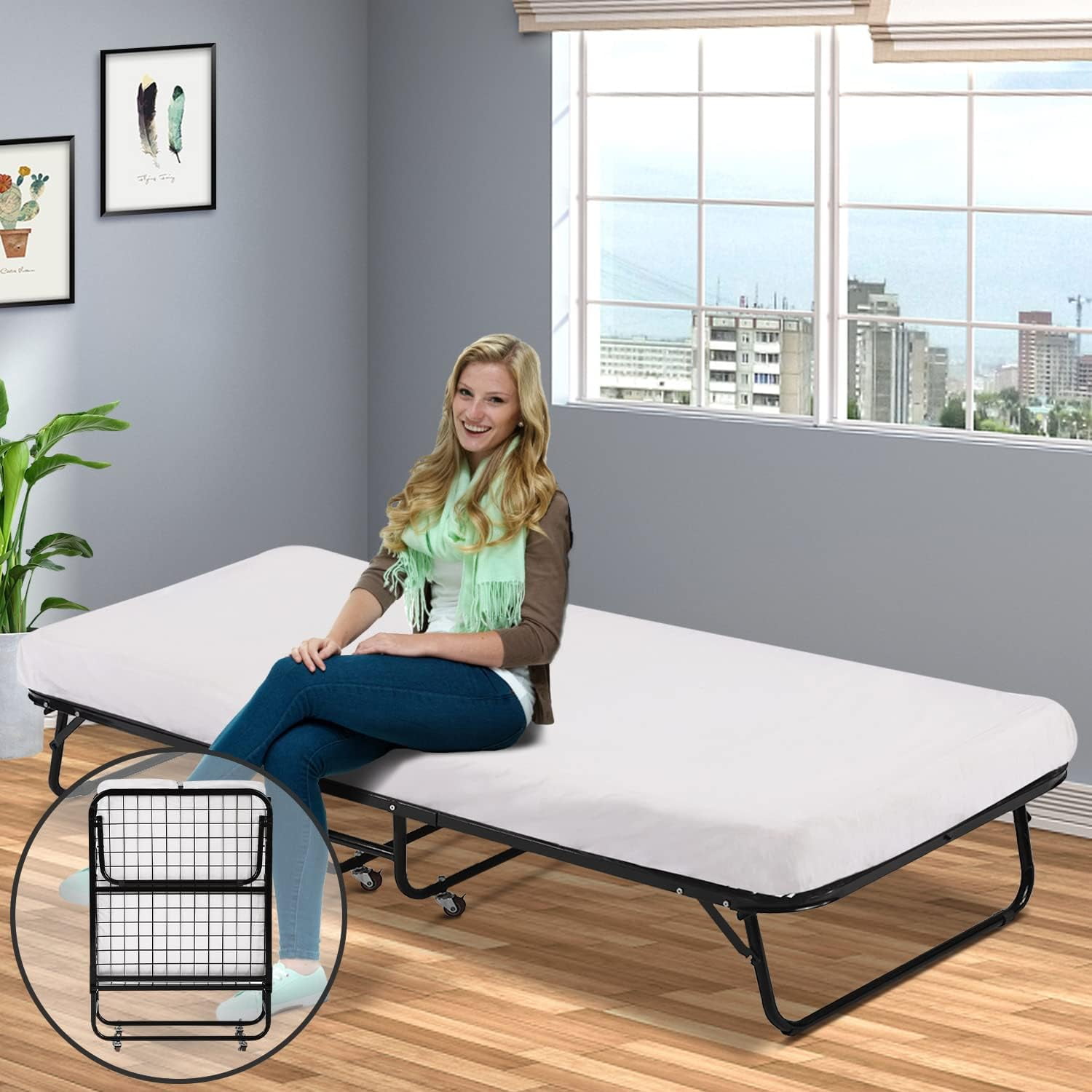 Guest Bed Folding Bed Frame with 3.9 Inch Foam Mattress Fold Up Heavy ...