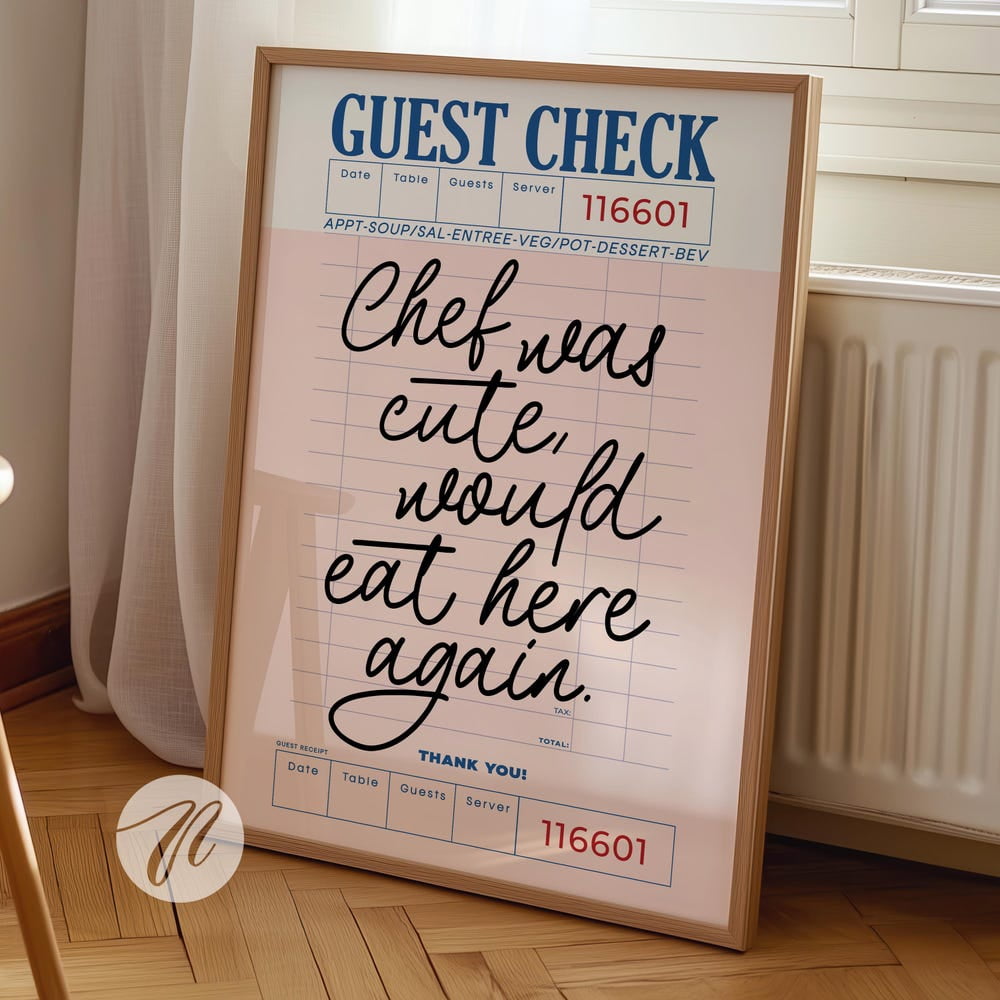 Guest Check Poster, 'Chef Was Cute Would Eat Here Again' UNFRAMED PAPER ...