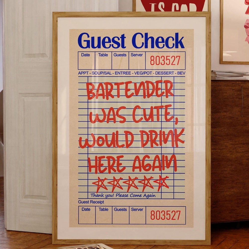 Guest Check Print, Bartender Was Cute Would Drink Here Again, Bar Wall ...