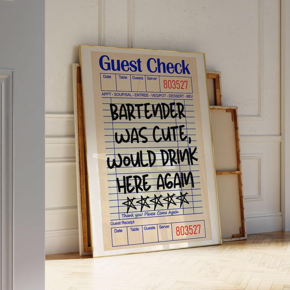 Guest Check Print, Bartender Was Cute Would Drink Here Again, Bar Wall ...