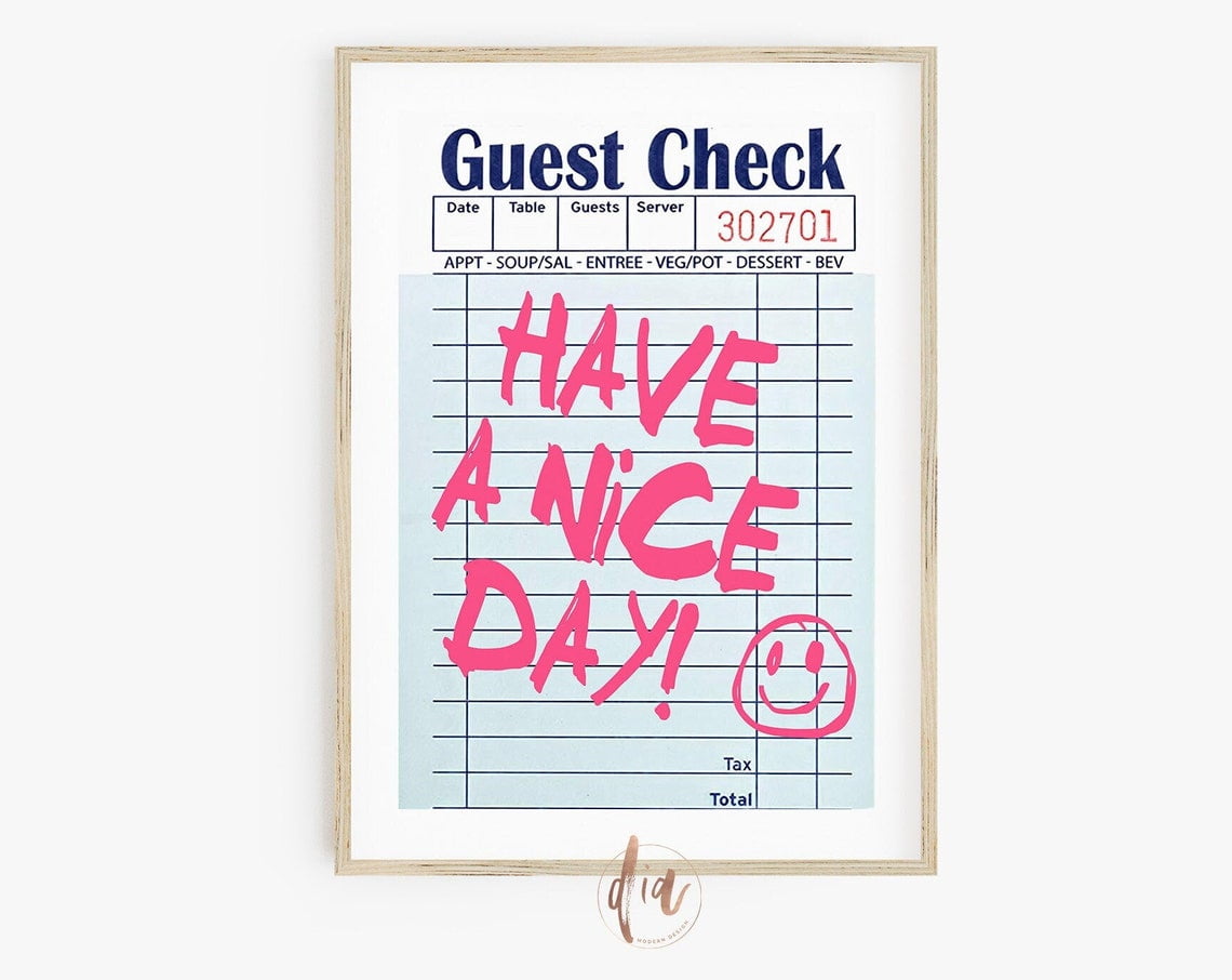 Guest Check Print, Have A Nice Day Retro Poster, Preppy Room Decor, College Apartment Print ...