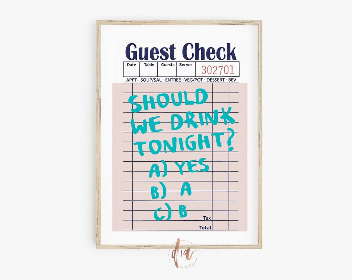 Guest Check Print, Retro Poster, Cocktails Dorm Room Decor, Preppy Room Aesthetic, Bar Cart ...