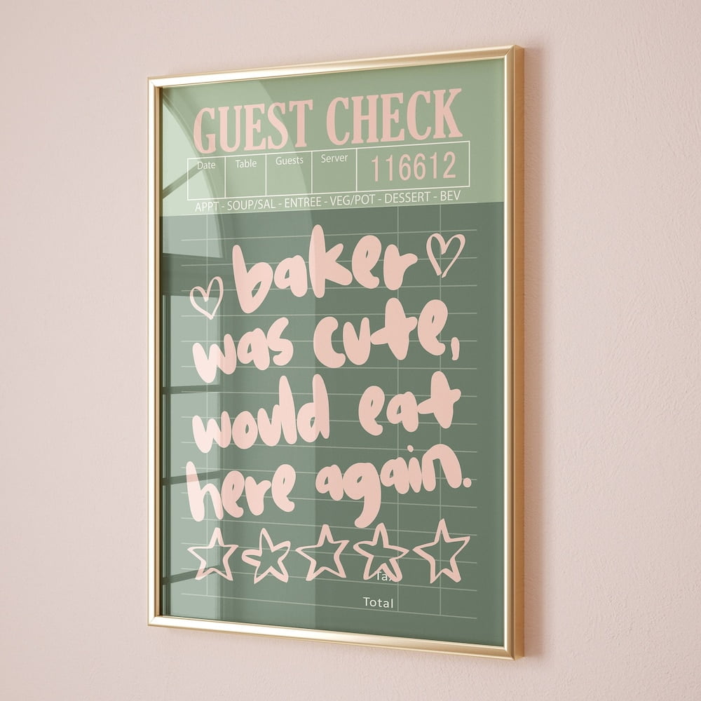 Guest Check Print, Sage Green, Pink Diner Art UNFRAMED PAPER POSTER ...