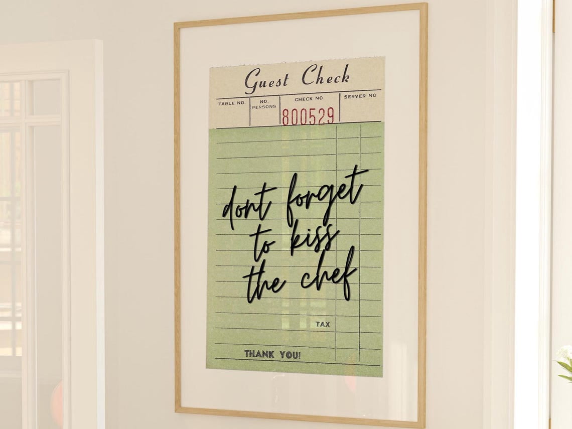 Guest Check Print Trendy Wall Art Don'T Forget To Kiss The Chef Modern ...