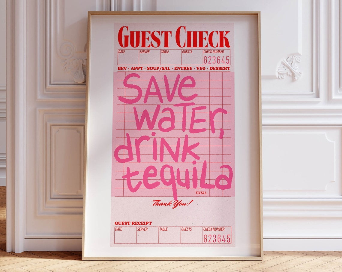 Guest Check Wall Art Dorm Room Decor Aesthetic Bar Cart Art Print, Pink Wall Art Trendy Guest ...
